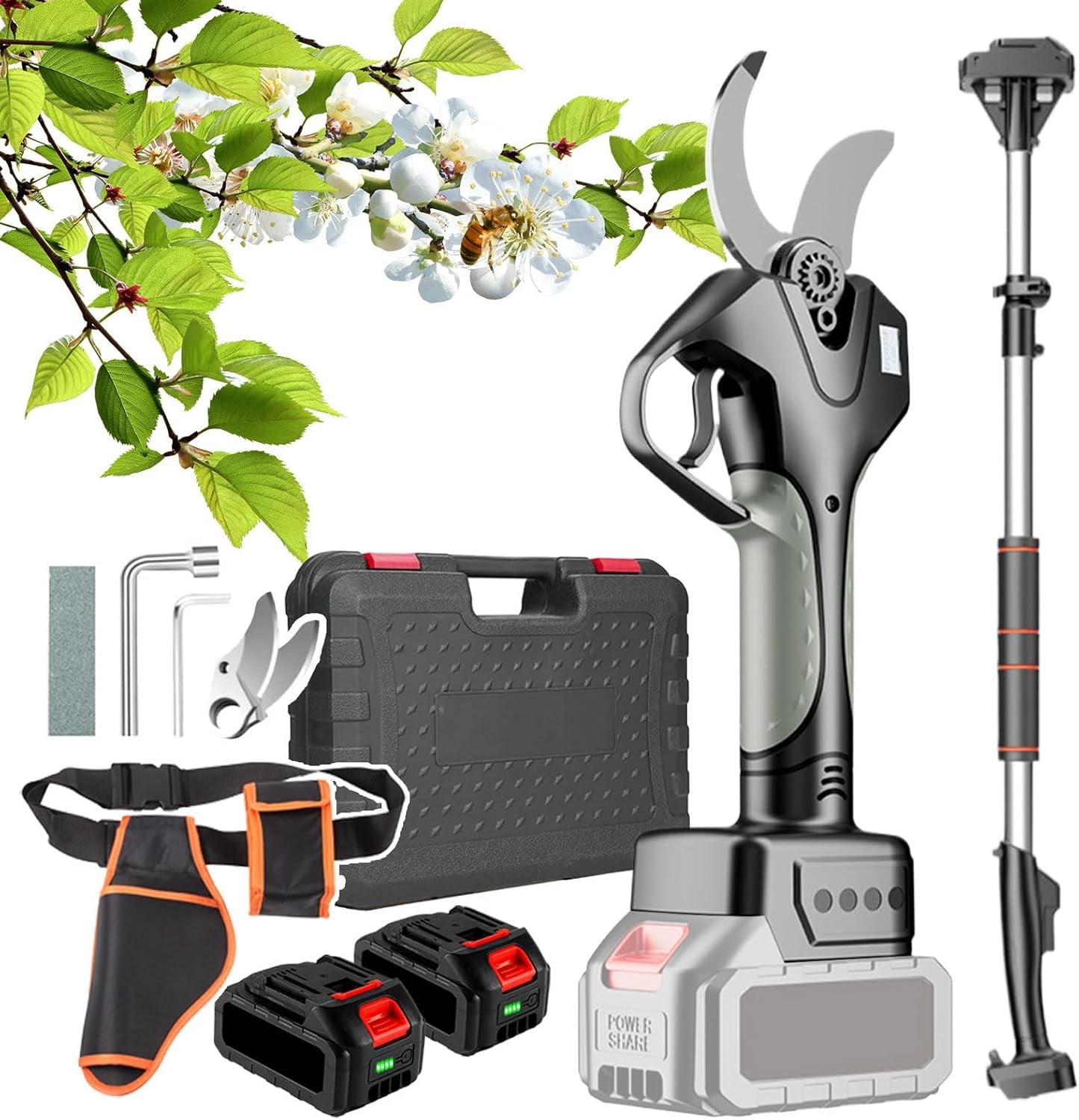 Electric Pruning Shears with 2.1m Telescopic Pole&4.5ah Battery&waist ...