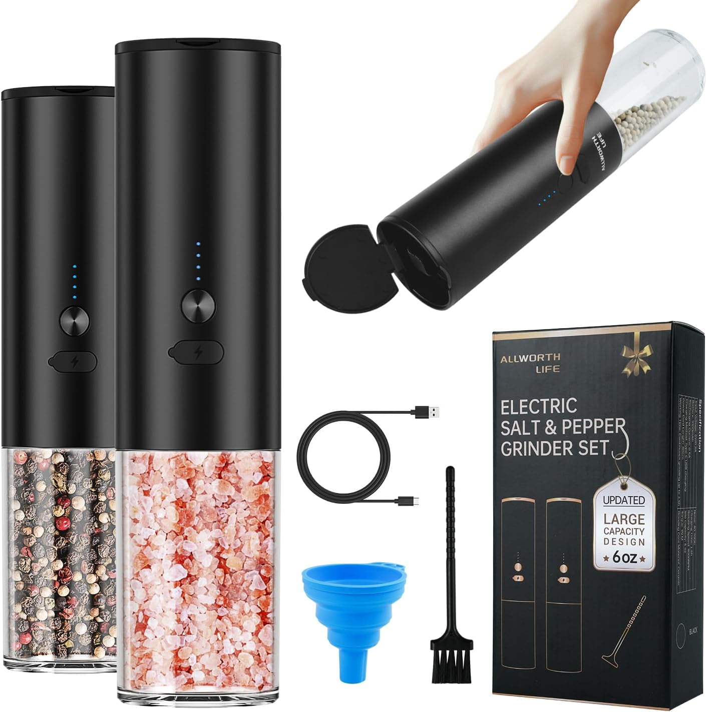 Electric Rechargeable Salt and Pepper Grinder Set Larger Capacity Low ...