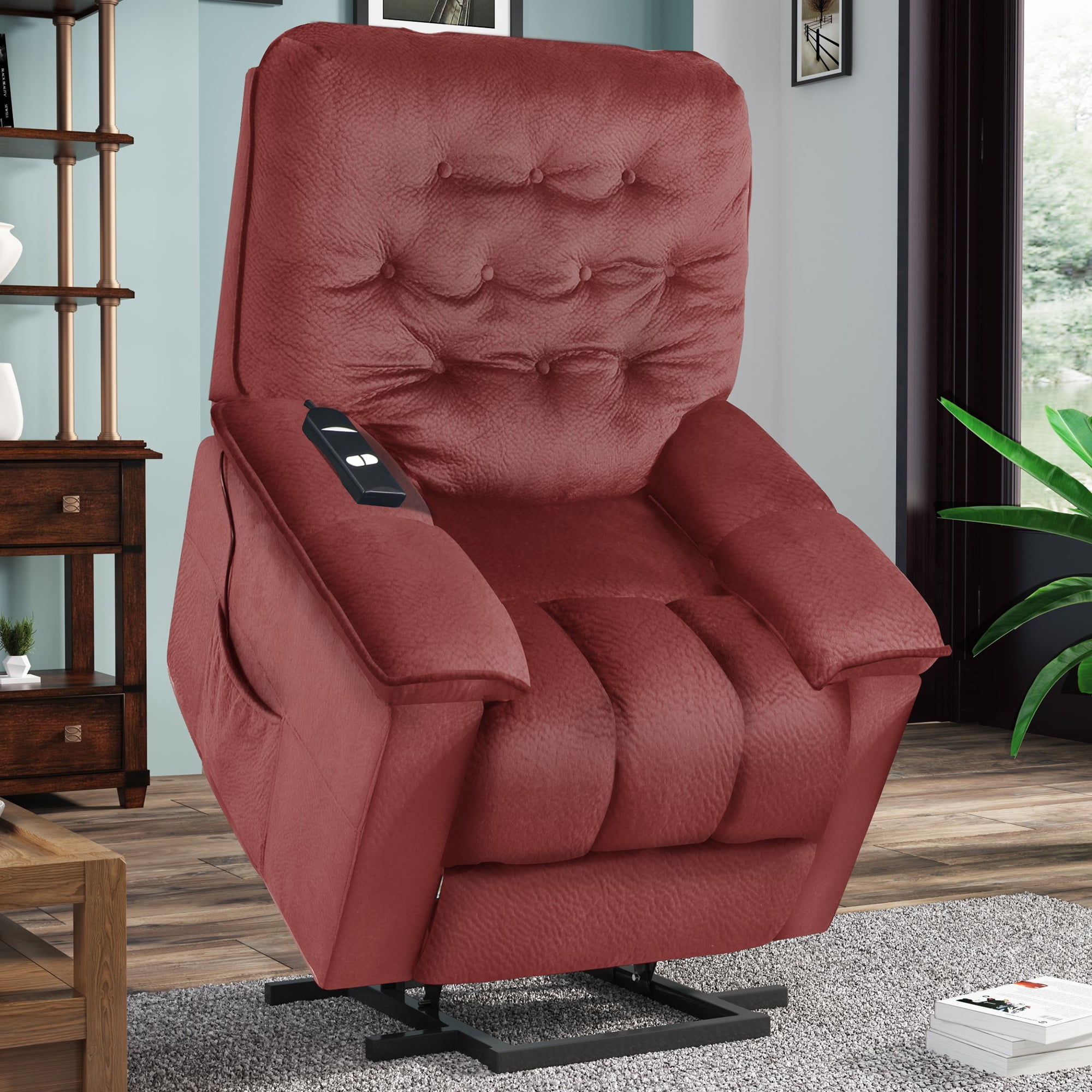 Electric Recliner Chair, Red Velvet Fabric Power Lift Recliner with ...