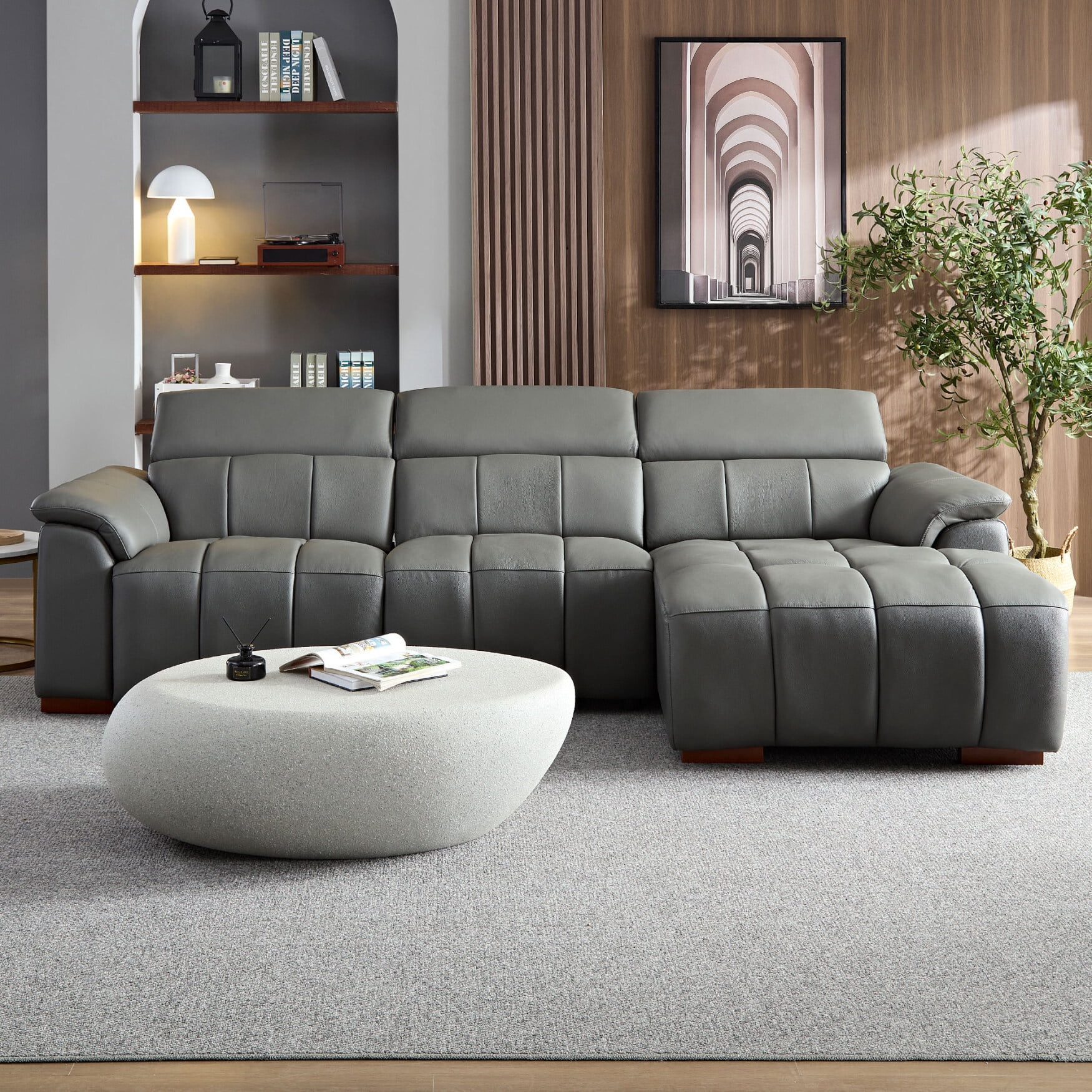 Electric Reclining Sofa, Modern Control Genuine Leather L Shaped Couch ...