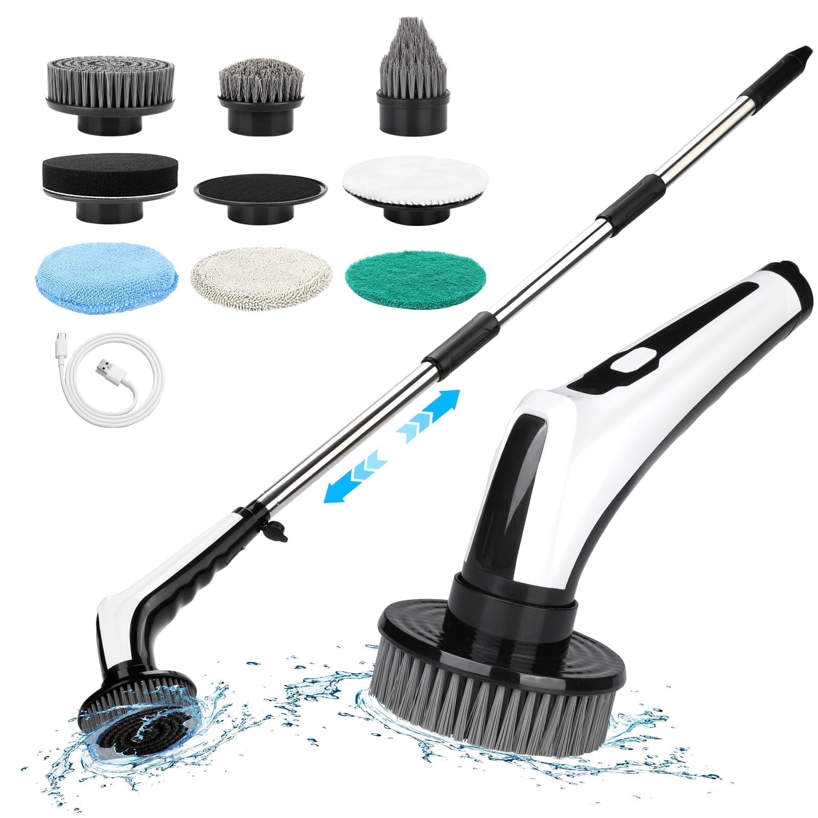 Electric Rotary Scrubber with Adjustable Long Handle, 8 Replaceable ...