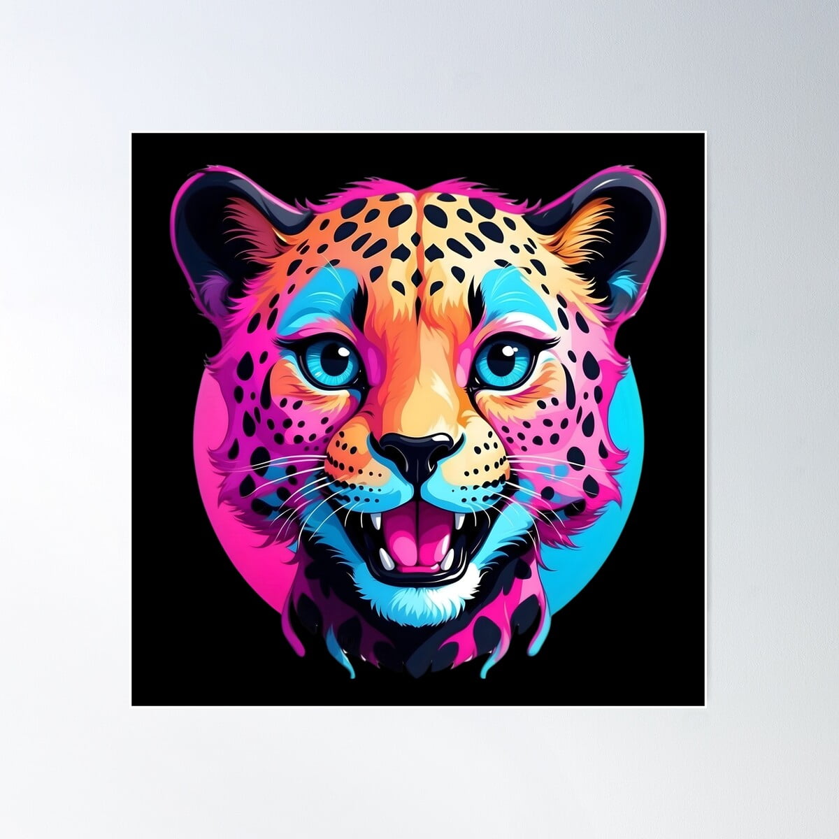Electric Safari Expedition - Neon Blue & Pink Kawaii Cheetah Poster ...