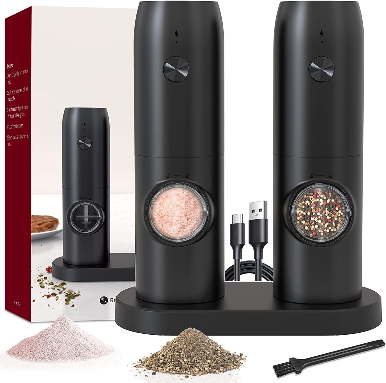 Electric Salt and Pepper Grinder Set of 2, Automatic Pepper Mill,USB ...