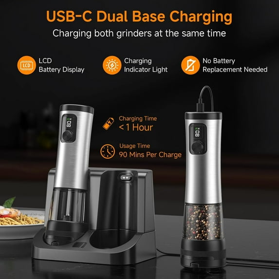Electric Salt and Pepper Grinder Set, 2 Pack Rechargeable Automatic ...