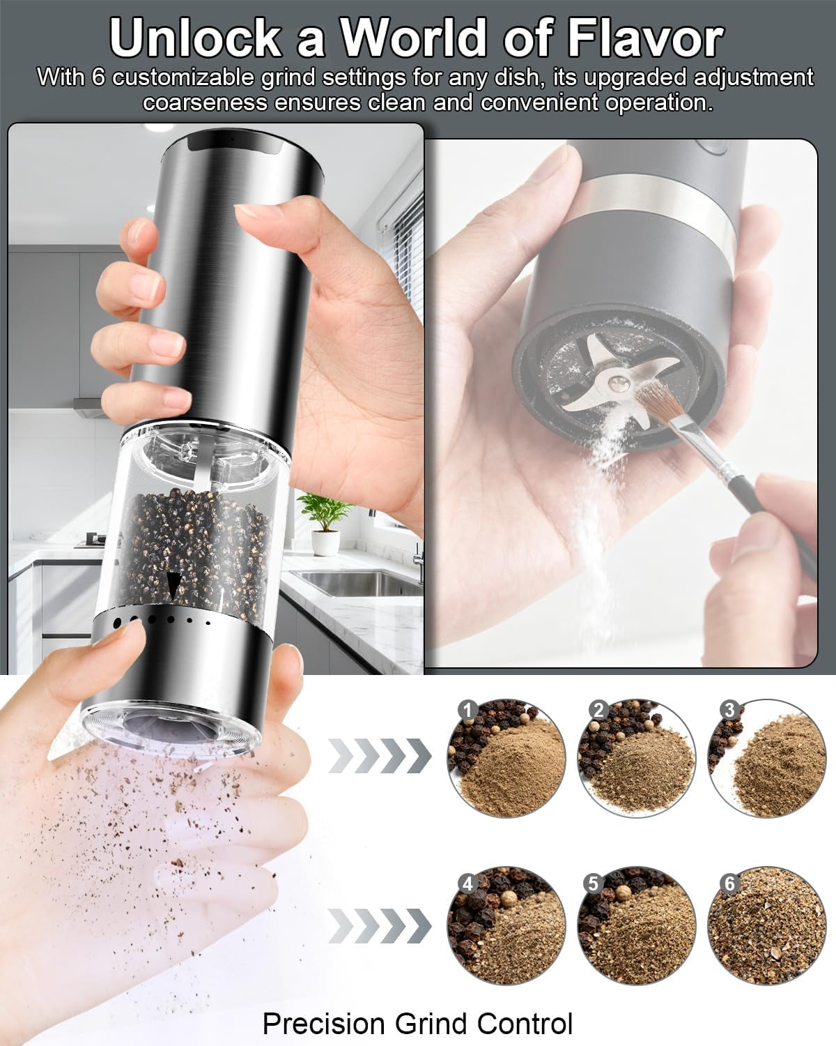 Electric Salt and Pepper Grinder Set | 6-Grind Settings & Top Anti ...