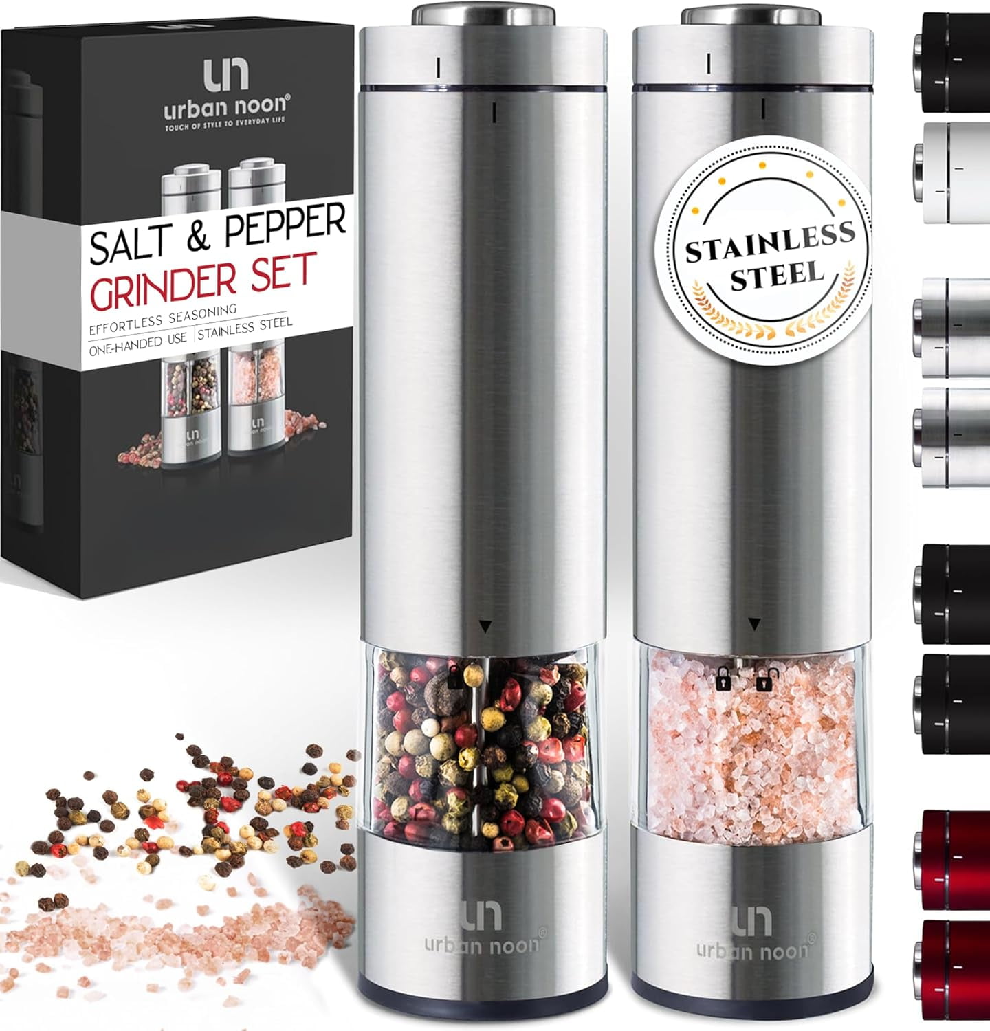 Electric Salt and Pepper Grinder Set - Battery Operated Stainless Steel ...