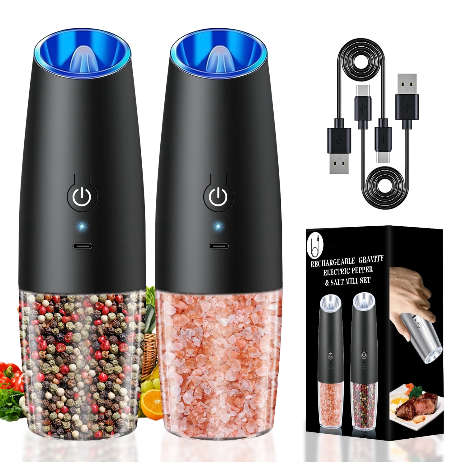 Electric Salt and Pepper Grinder Set, Rechargeable Salt Pepper Mills ...