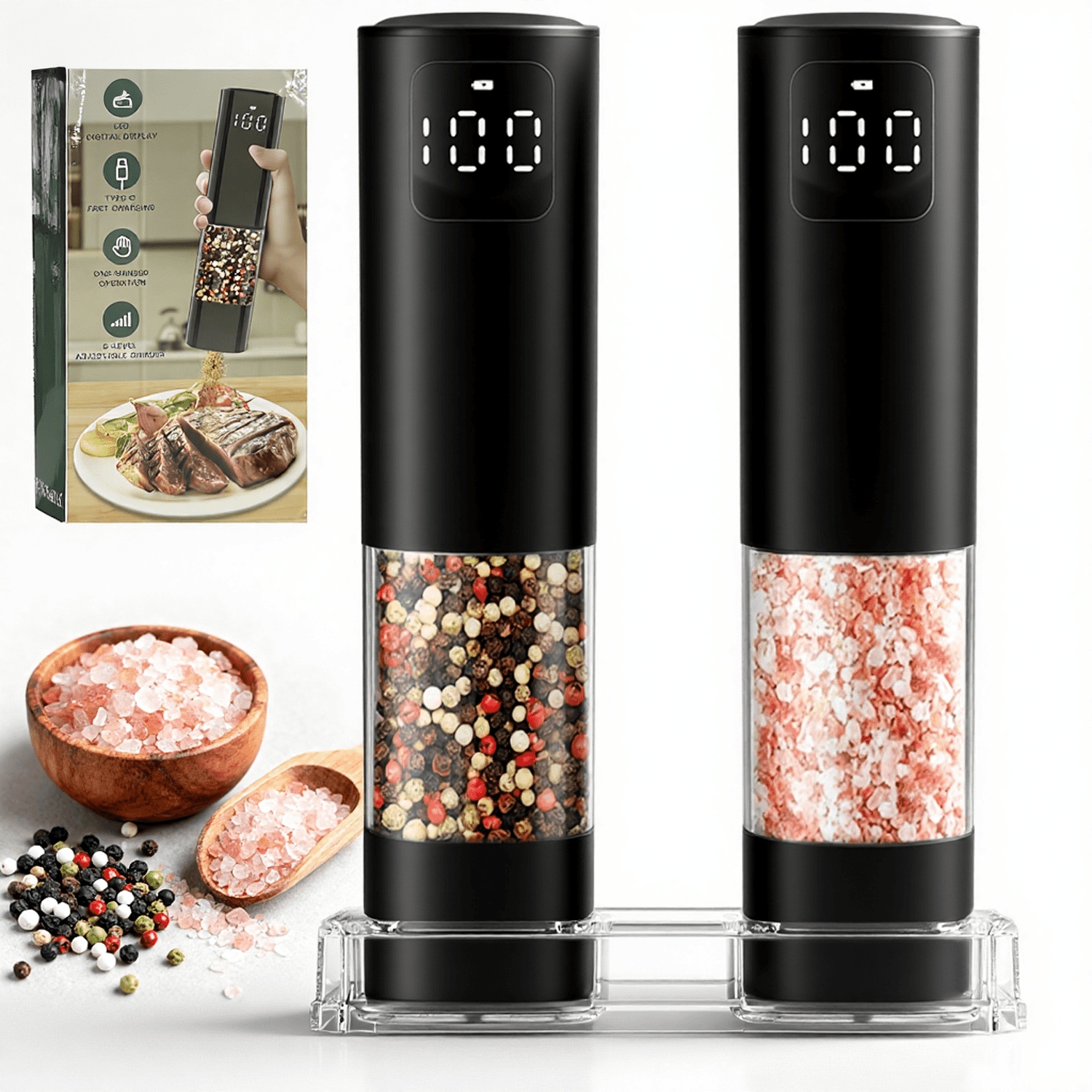 Electric Salt and Pepper Grinder Set, Rechargeable Automatic Mill ...