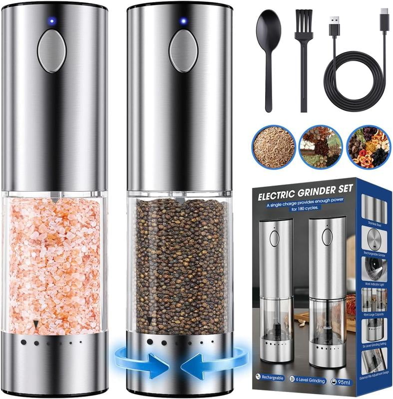 Electric Salt and Pepper Grinder Set, Stainless Steel Grinder Mill with ...