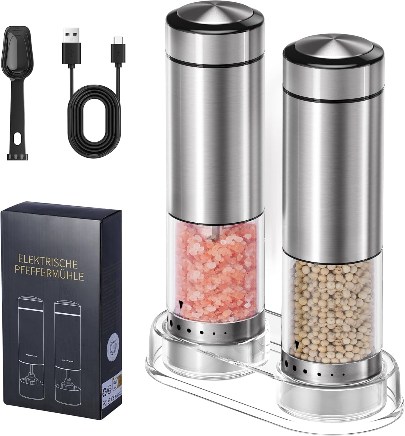 Electric Salt and Pepper Grinder Set, USB Rechargeable, Automatic Salt ...