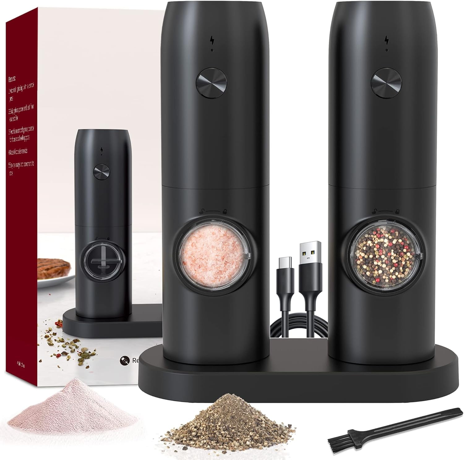 Electric Salt and Pepper Set of 2, Automatic Pepper Mill,USB ...