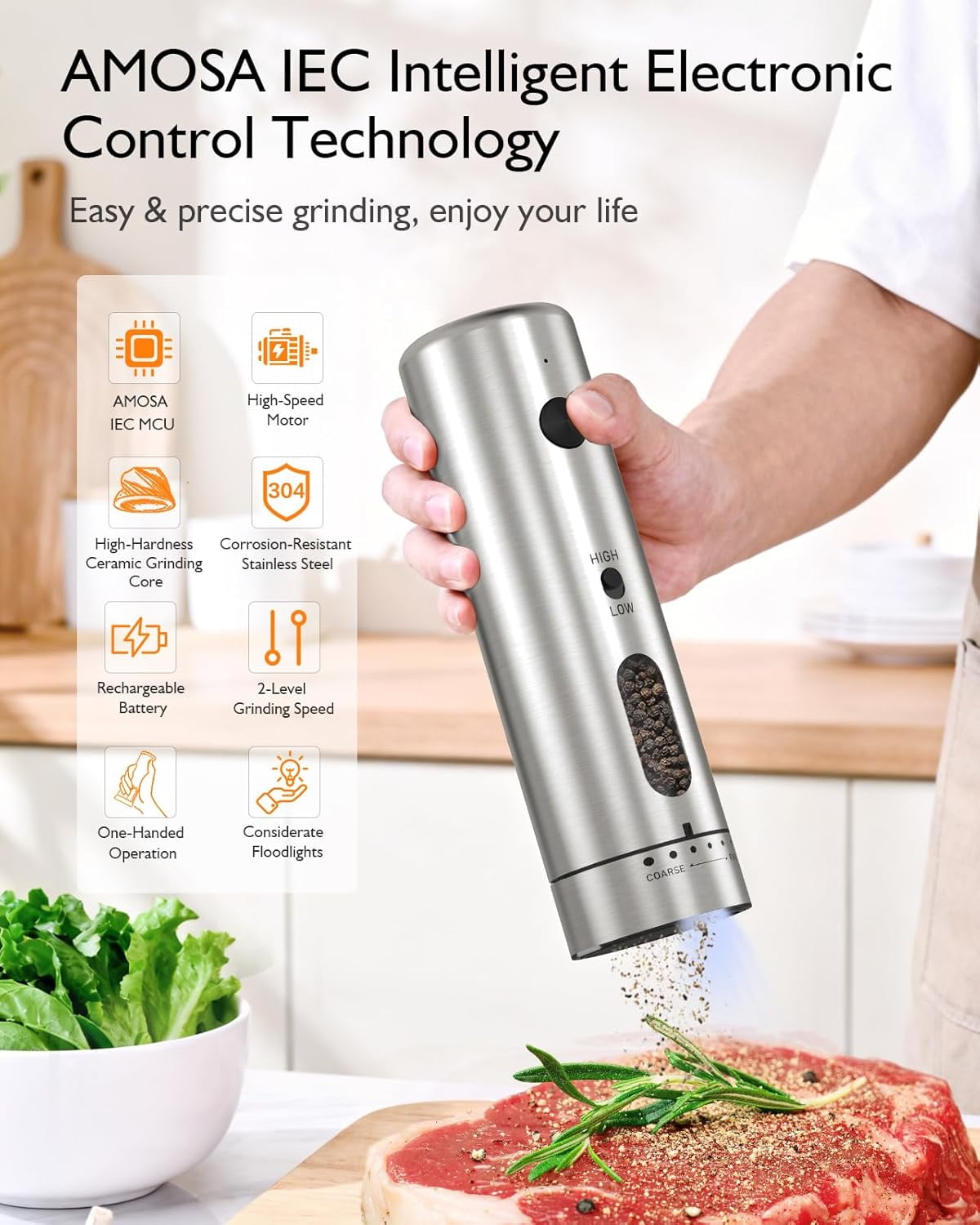 Electric Salt and Pepper Grinder Set - 2-Speed, 6-Level Coarseness, USB ...