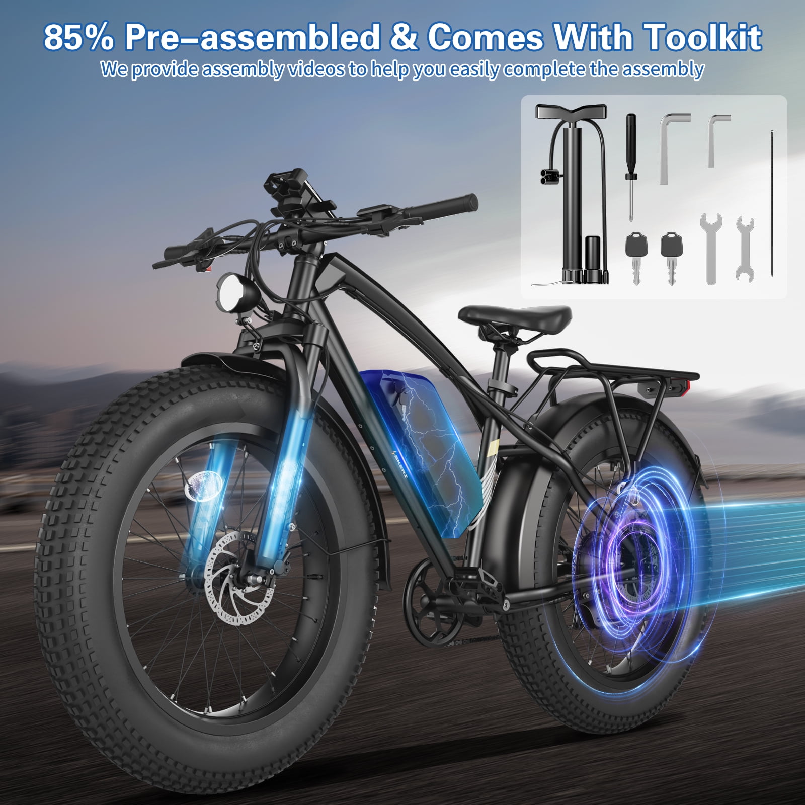 Electric Scooter, 26" Fat Tire E Bike, 1000W Motor, 48V 13Ah Removable ...