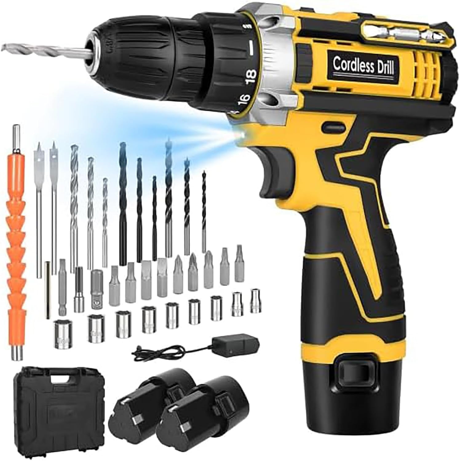 12V Cordless Drill Set with 2 Batteries, LED Lights, 34 Accessories for ...