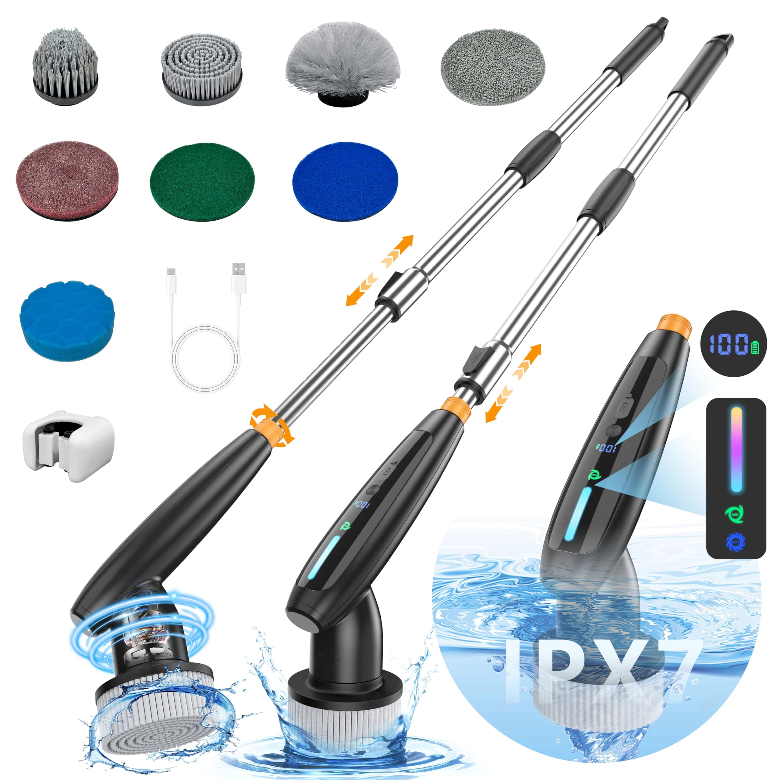 Electric Shower Scrubber with 8 Brush Heads, Adjustable Speed 350 ...