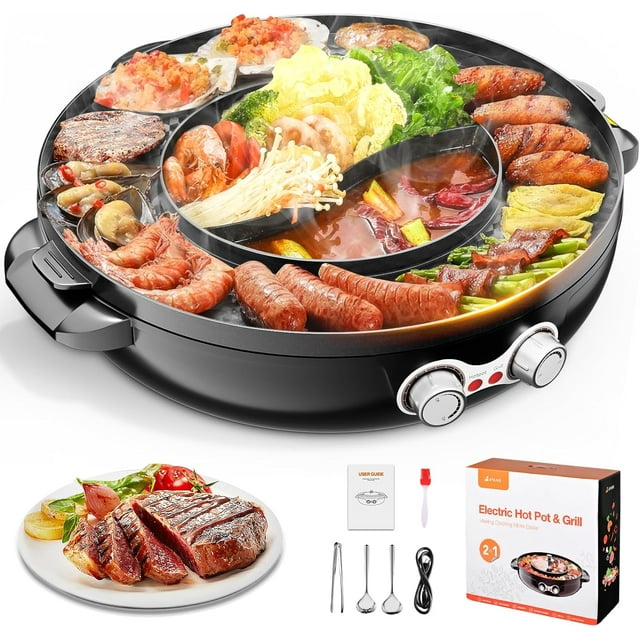 Electric Smokeless Grill and Hot Pot, 2000W 2 in 1 Hot Pot with Grill ...