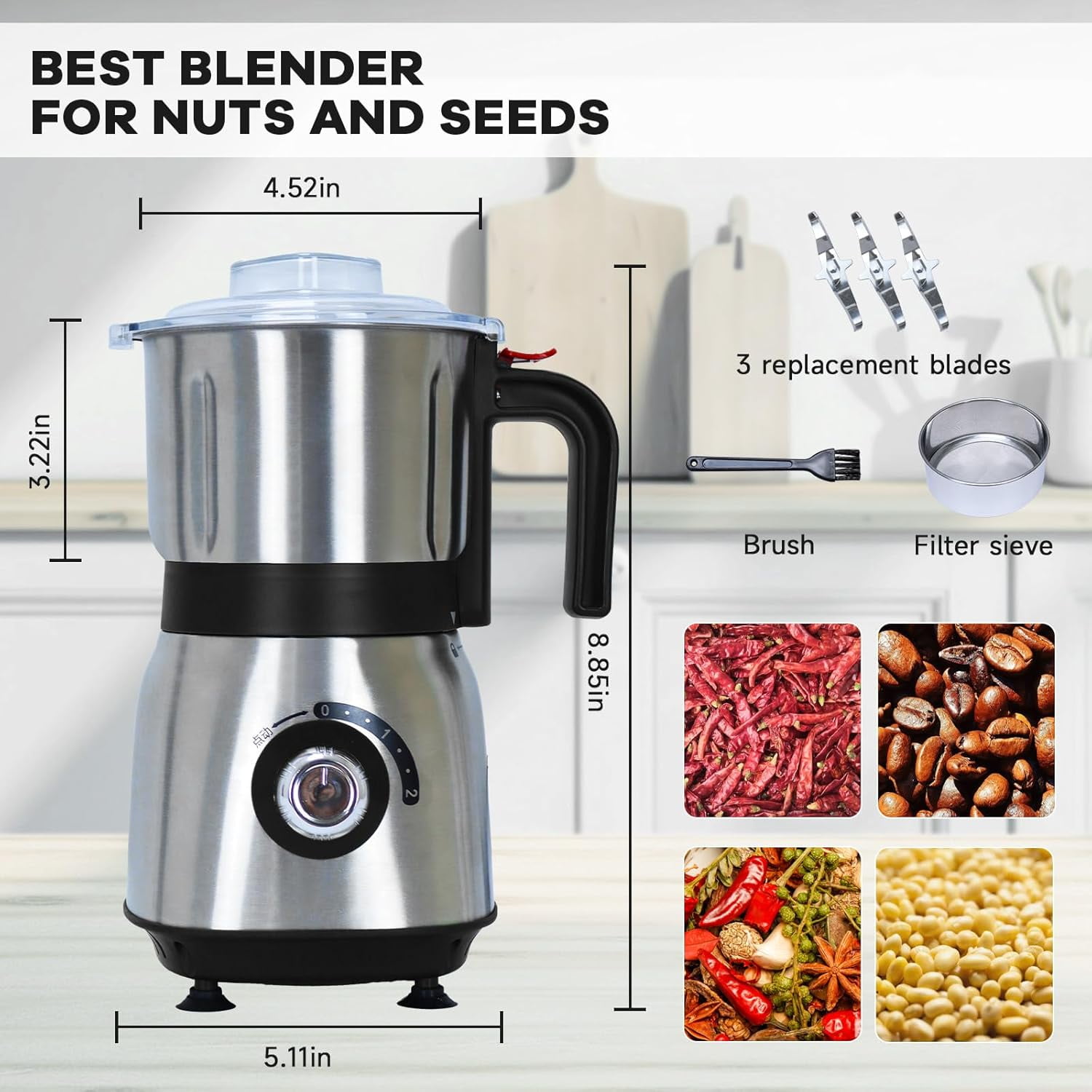 Electric Spice and Nut Grinders - 3 Stainless Steel Blades, 1 Filter, 1 ...