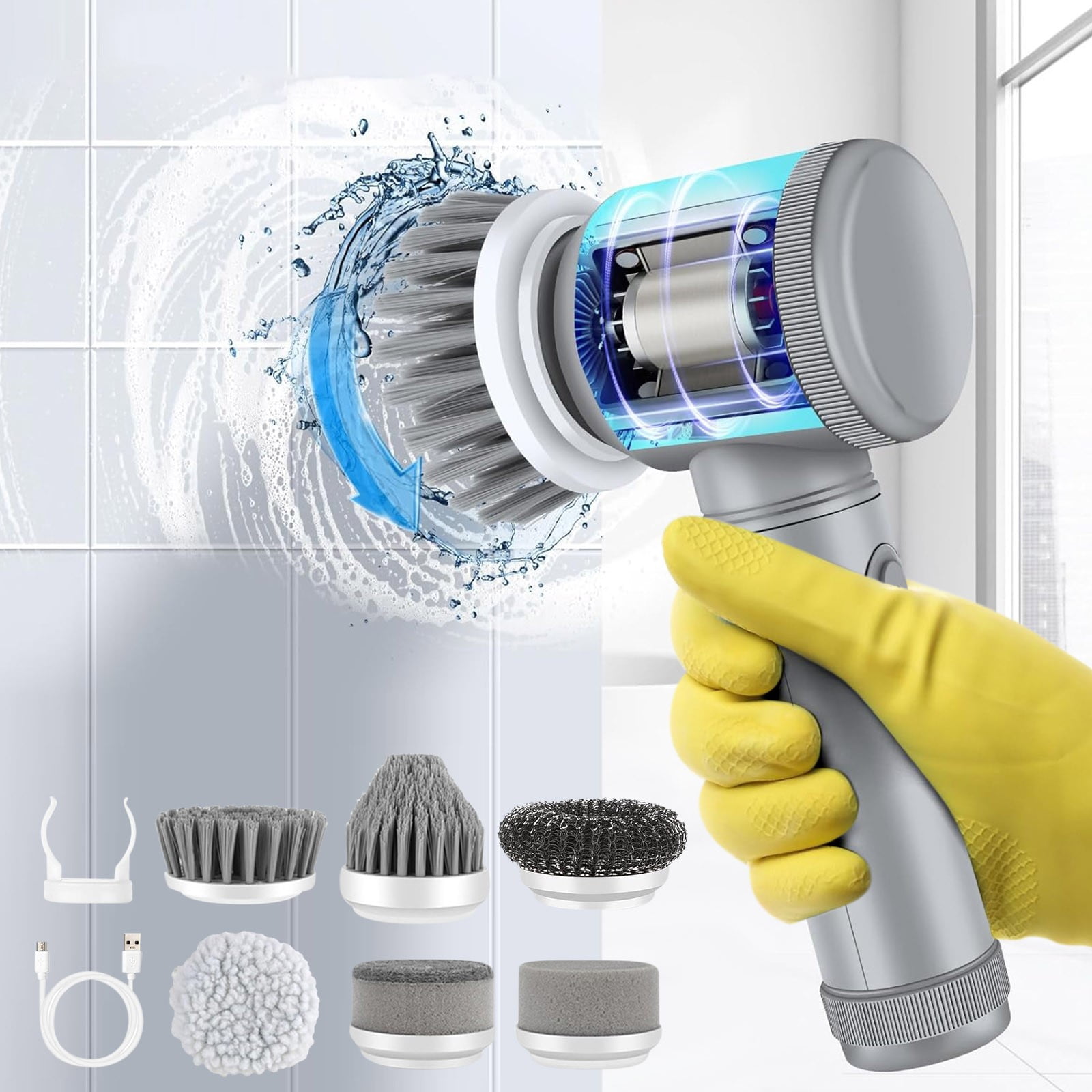 Electric Spin Scrubber Bathroom, Wireless & Interchangeable Brush Heads for Kitchen, Bathroom ...