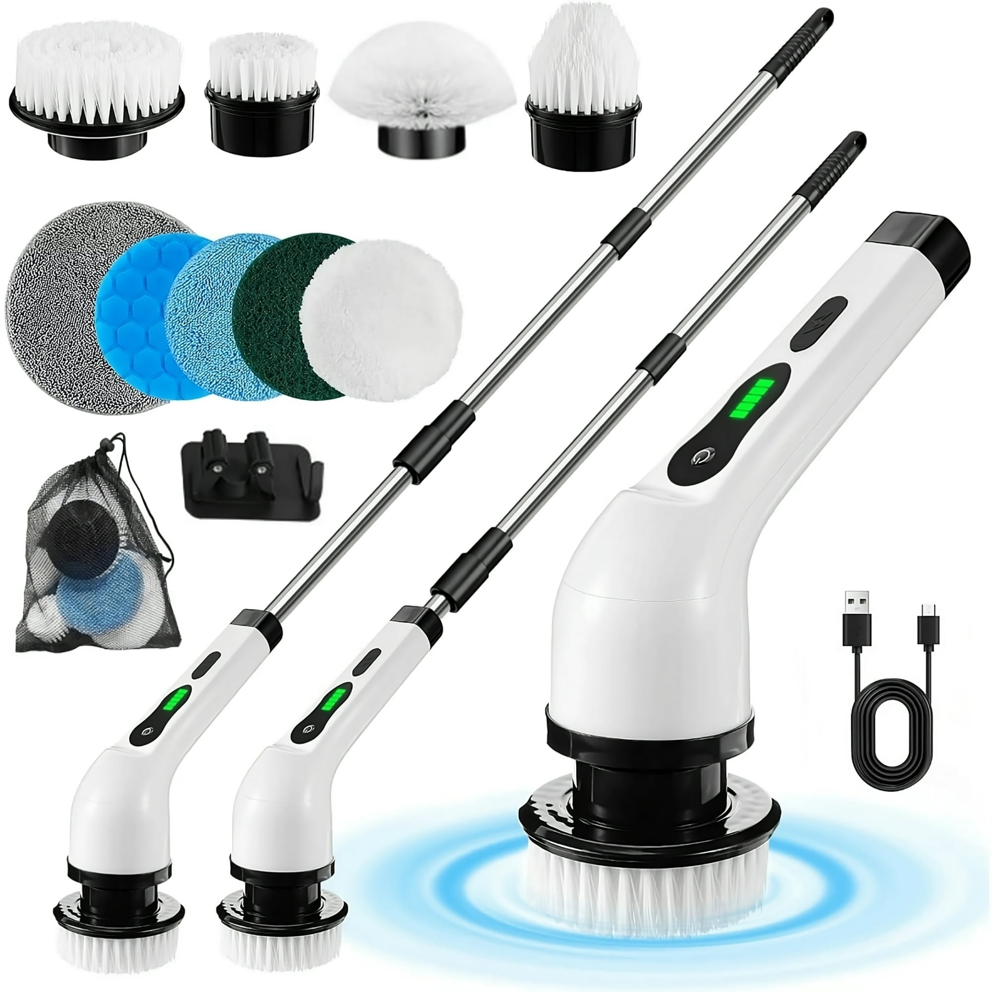 Cordless Electric Spin Scrubber, 2 Speeds, 7 Heads, Adjustable Handle ...