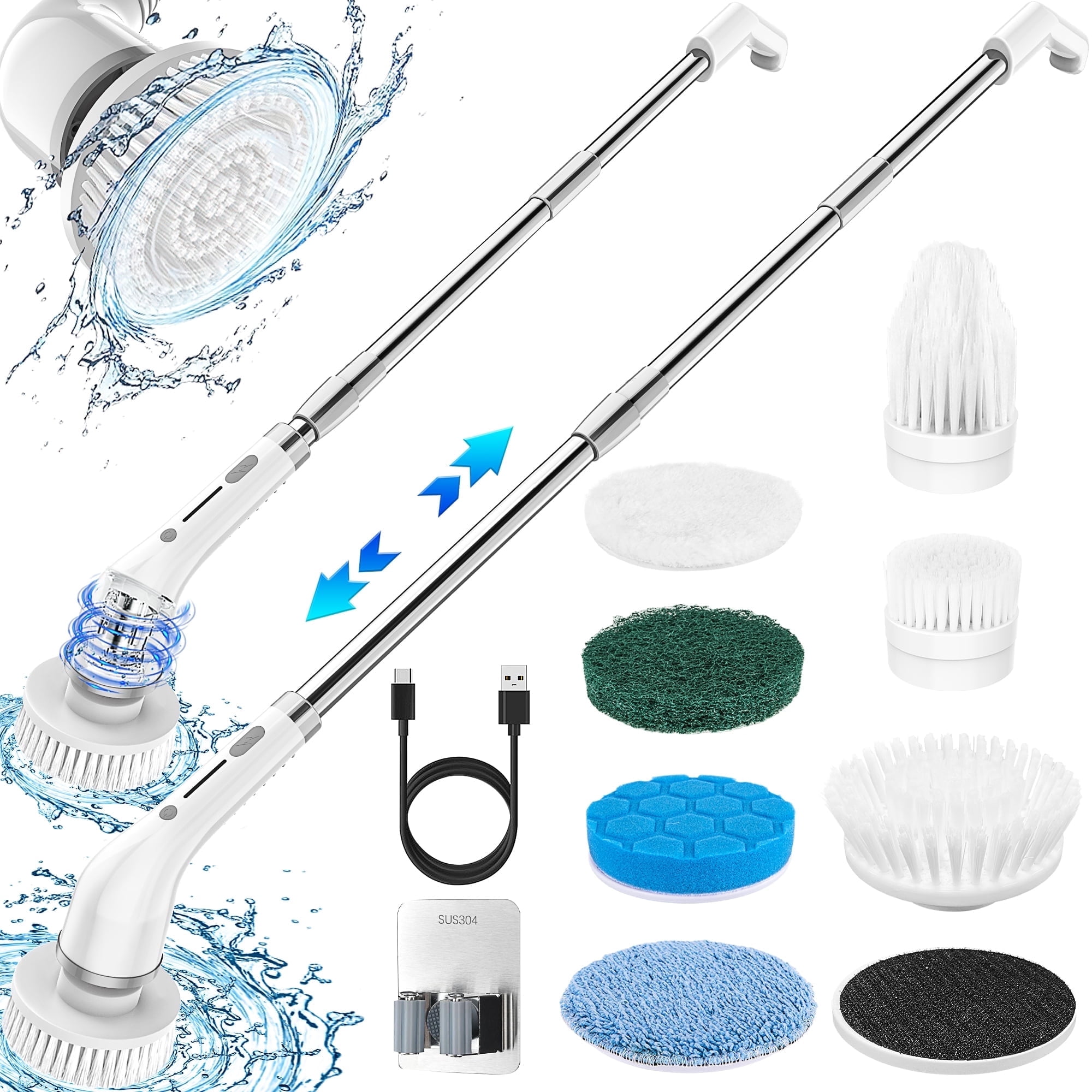Cordless Electric Scrubber, 7 Heads, 51.2 in Adjustable Handle, Dual ...