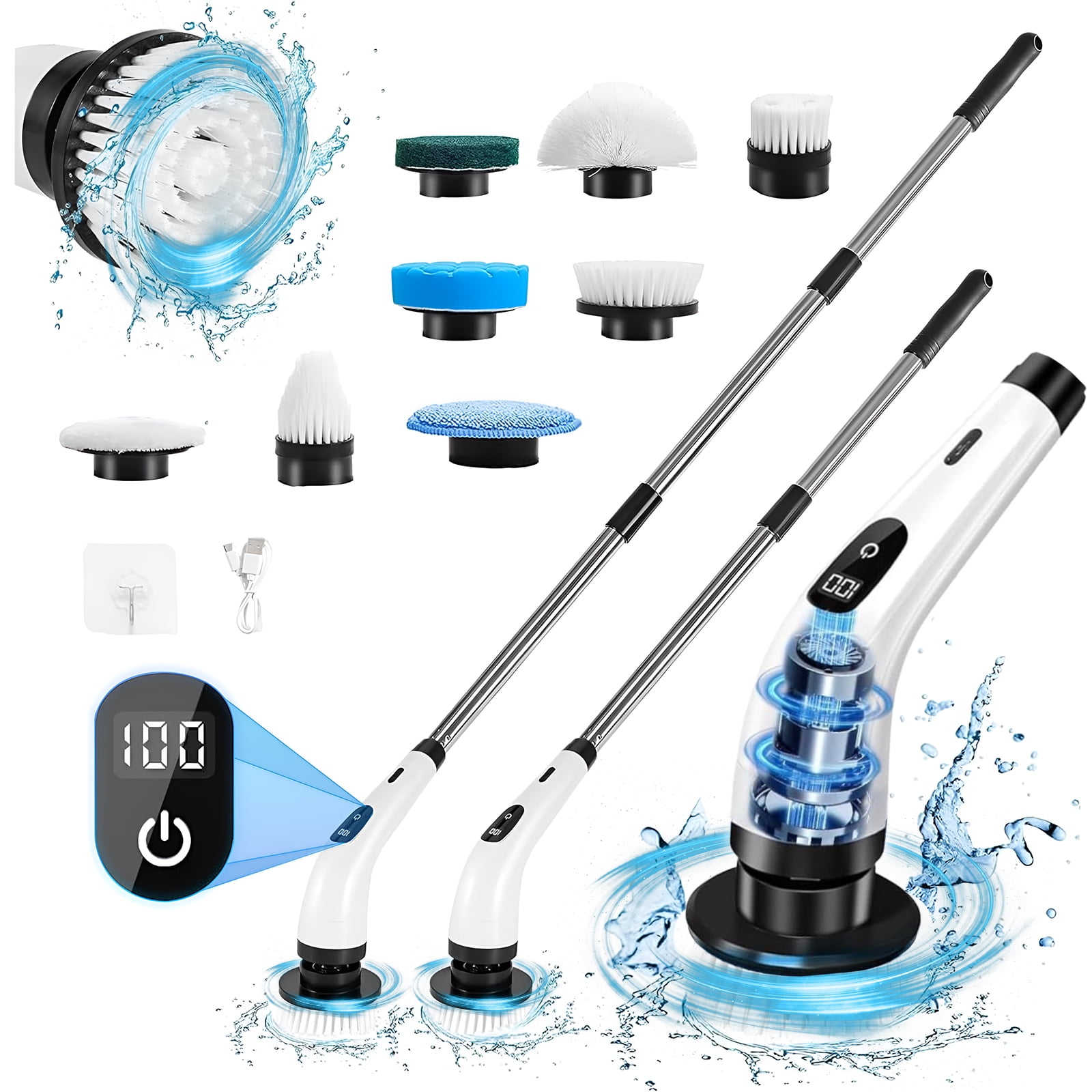 Electric Spin Scrubber - Cordless Cleaner, Adjustable, 8 Heads, Long ...