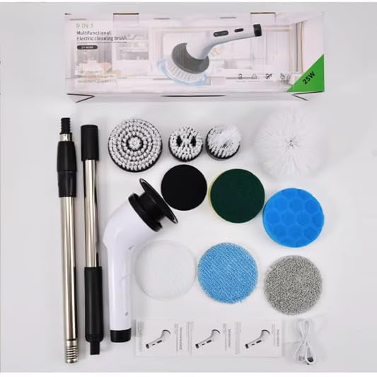 Electric Spin Scrubber with Telescopic Handle, 9 Brush Heads, 32-125cm ...