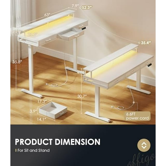 Electric Standing Desk with Drawers, 63 Inch Height Adjustable Desk ...