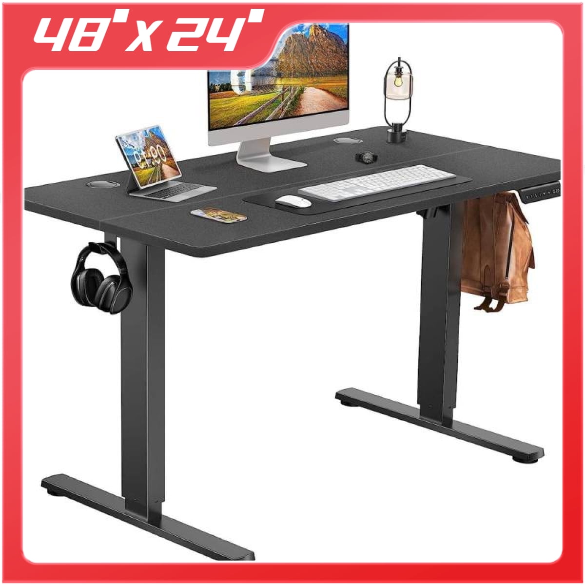 Electric Standing Desk with Hooks, 48 x 24 Inch Height Adjustable Standing Desk, Sit to Stand ...