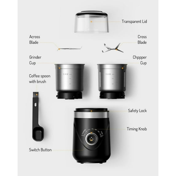 Electric Super Silent Blade Coffee Grinder, Timed Grind Control Rotary ...