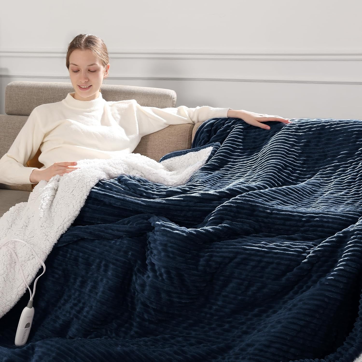 Electric Throw Heated Throw 50''x60'', Striped Flannel & Thicker Sherpa ...
