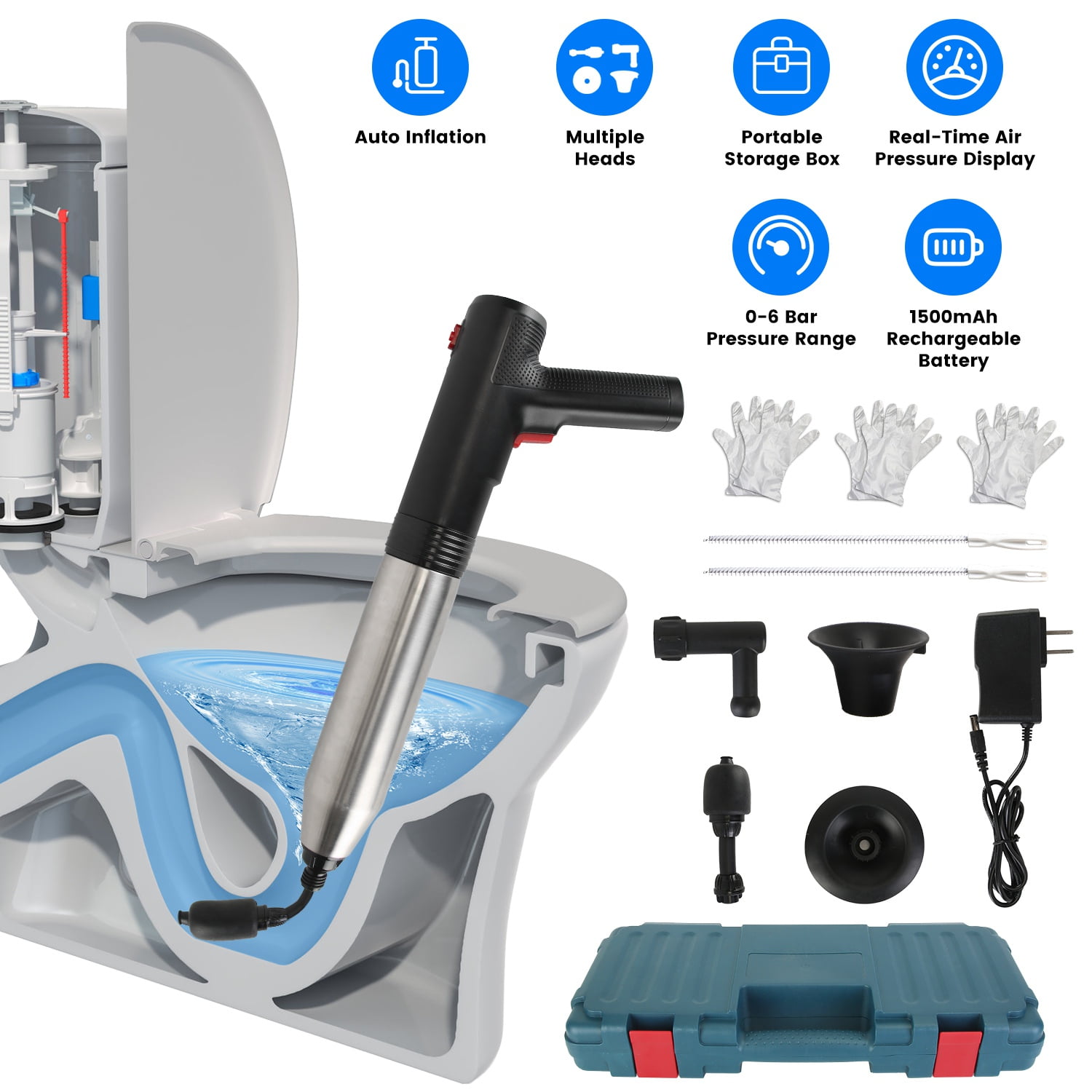 Electric Toilet Plunger - High Pressure Air Drain Blaster with Real ...