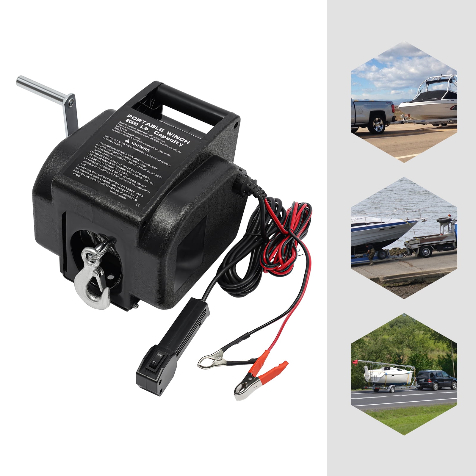 Electric Trailer Winch, 2000 lbs Boat Winch 9.6*7.7*10in 300W 12V Black ...