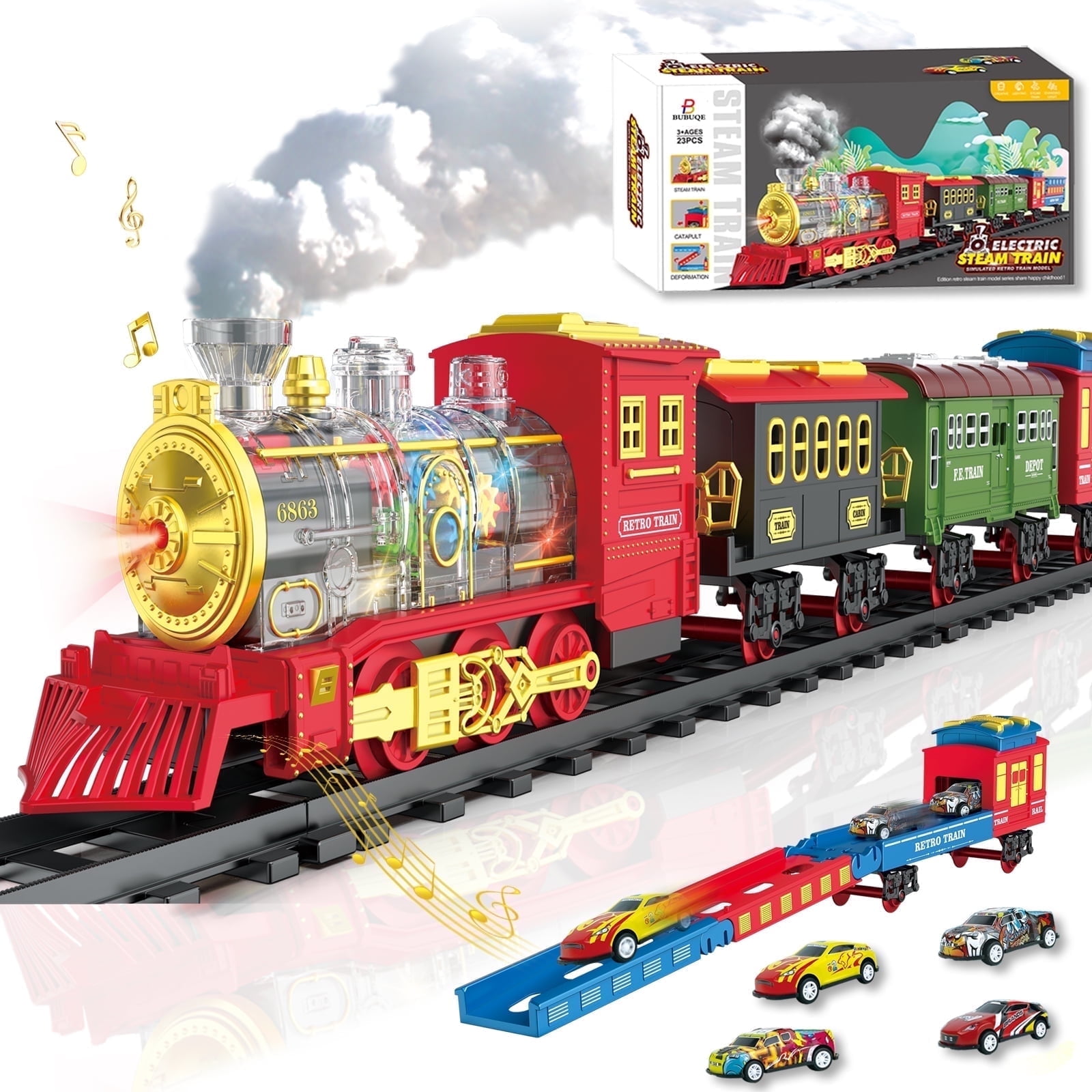 Rechargeable Electric Train Set with Lights & Sound, Steam Locomotive ...