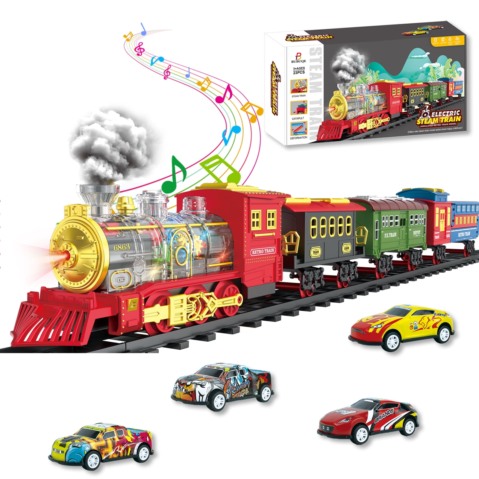 Electric Train Set Christmas Train Toys w/Smokes,Lights& Sound (ON/Off ...