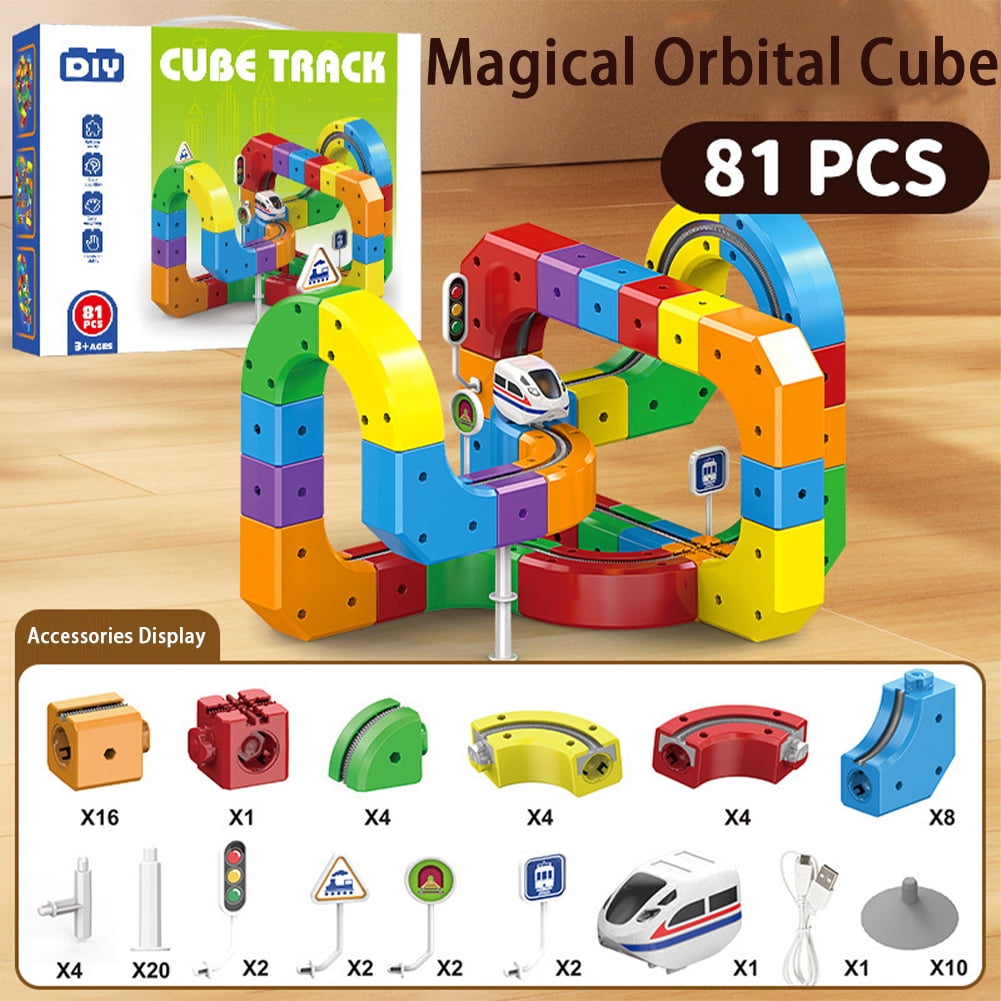 Electric Train Toys Set of 81 Pcs, 3D Snap-On Blocks Flexible Track, DIY Building Blocks Track ...