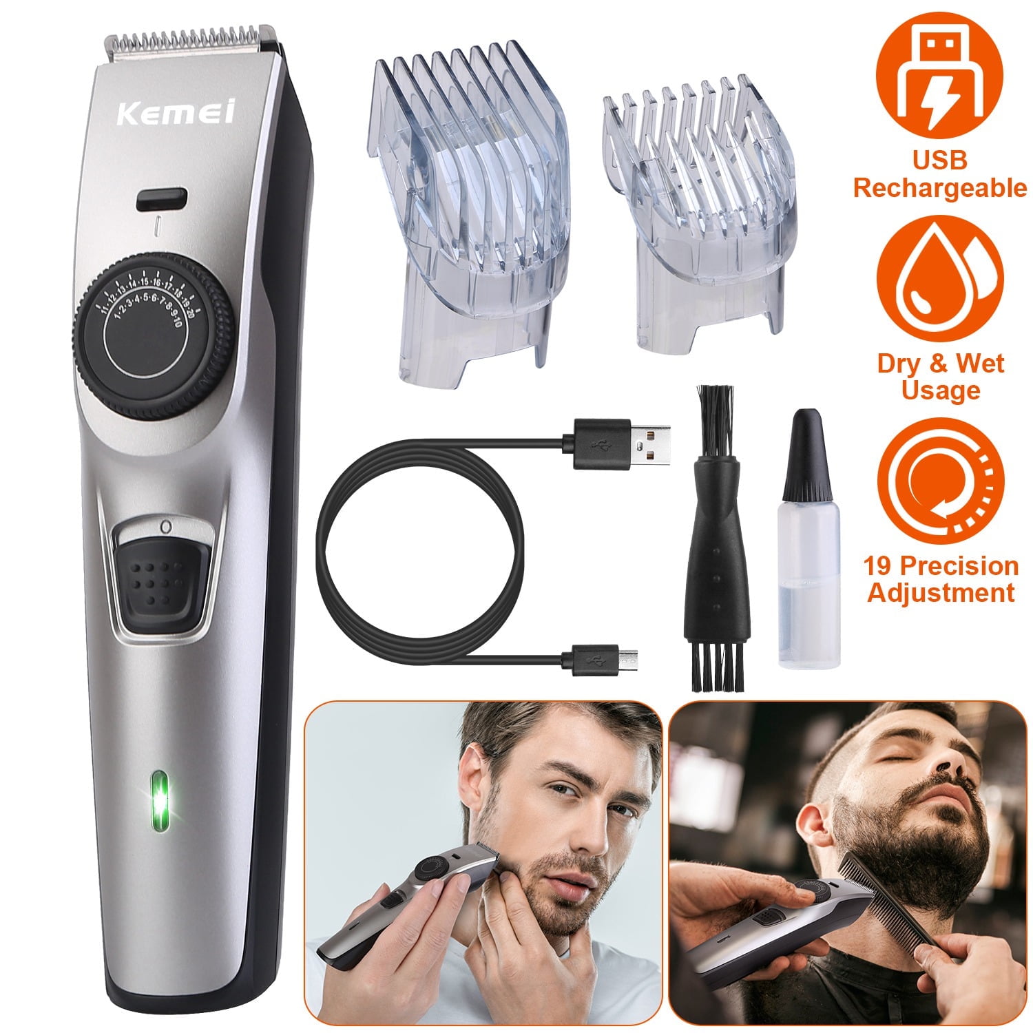 Electric Trimmer for Men, KEMEI USB Rechargeable Beard Grooming Kit ...