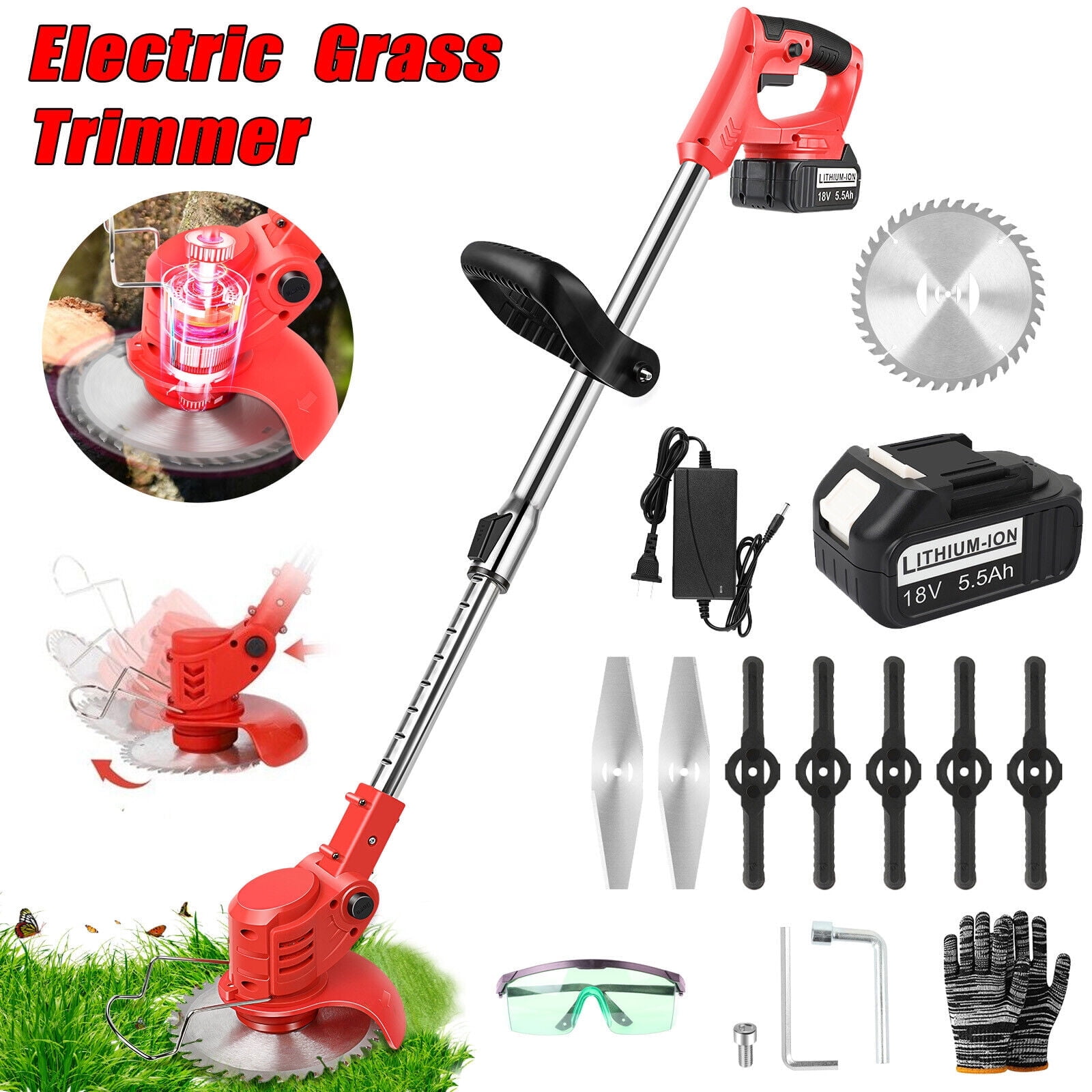 Electric Weed Eater Wacker,Cordless Grass Trimmer, Lawn Mover with 5.5 ...