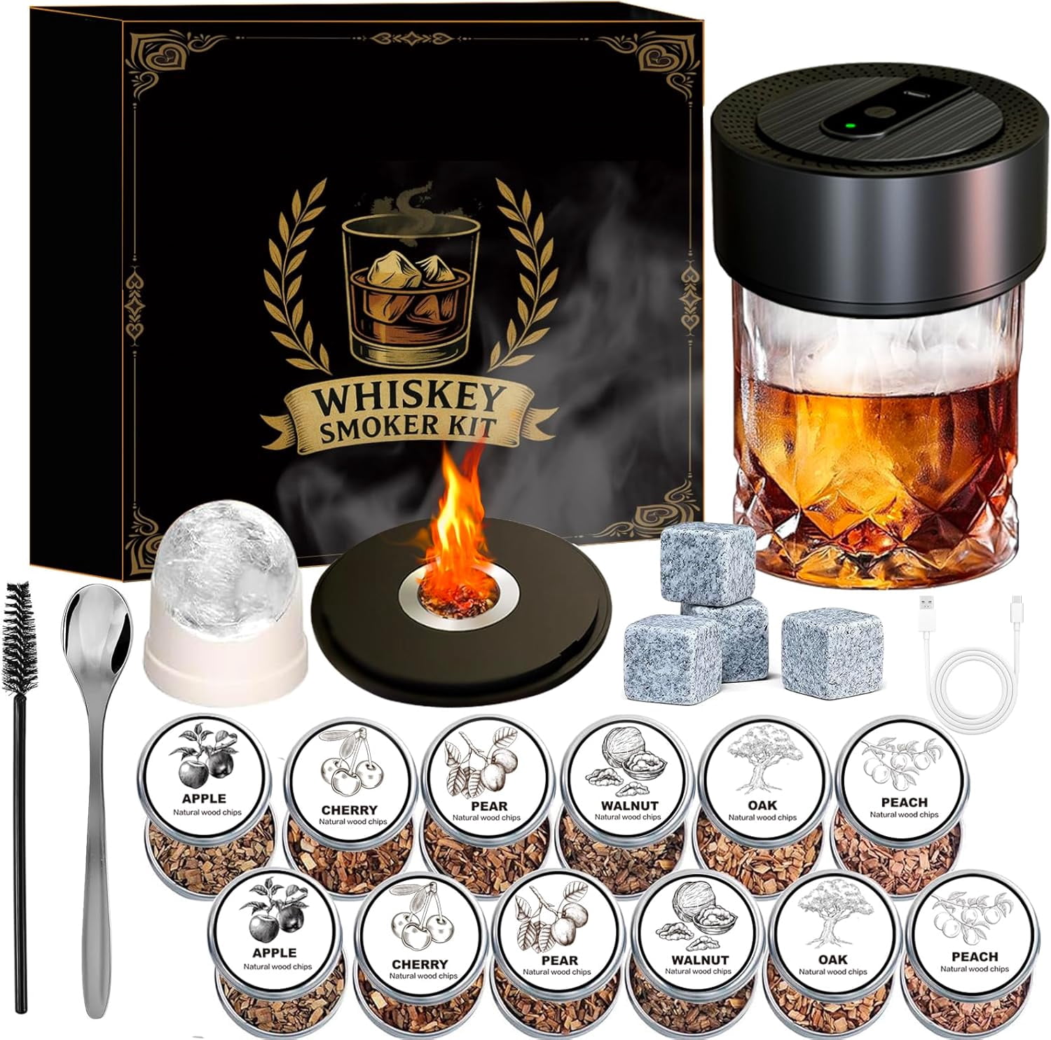 Electric Whiskey Smoker Kit with 12 Wood Chips, Rechargeable Cocktail ...