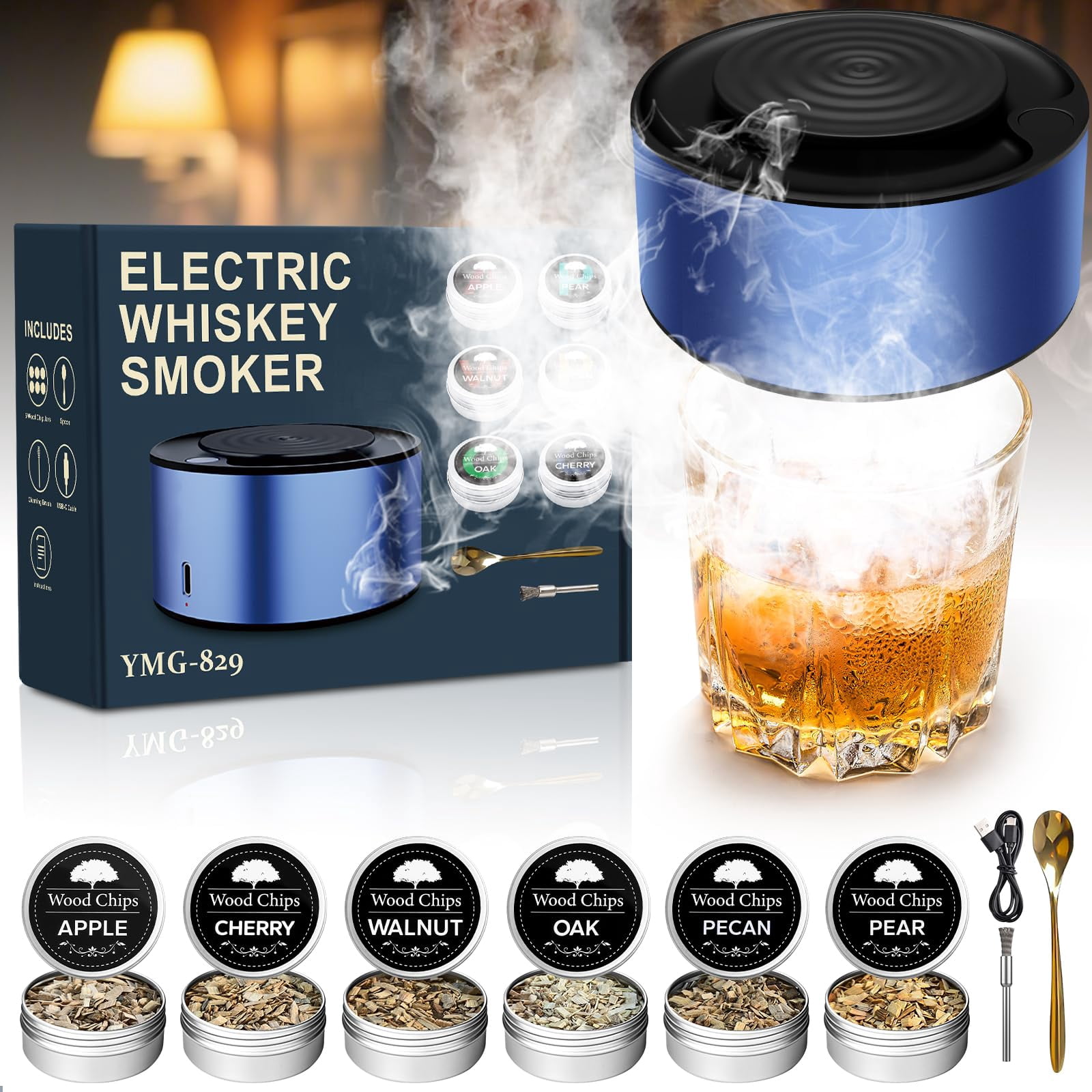 Electric Whiskey Smoker Kit, 6 Wood Chips Flame-Free Drink & Food ...
