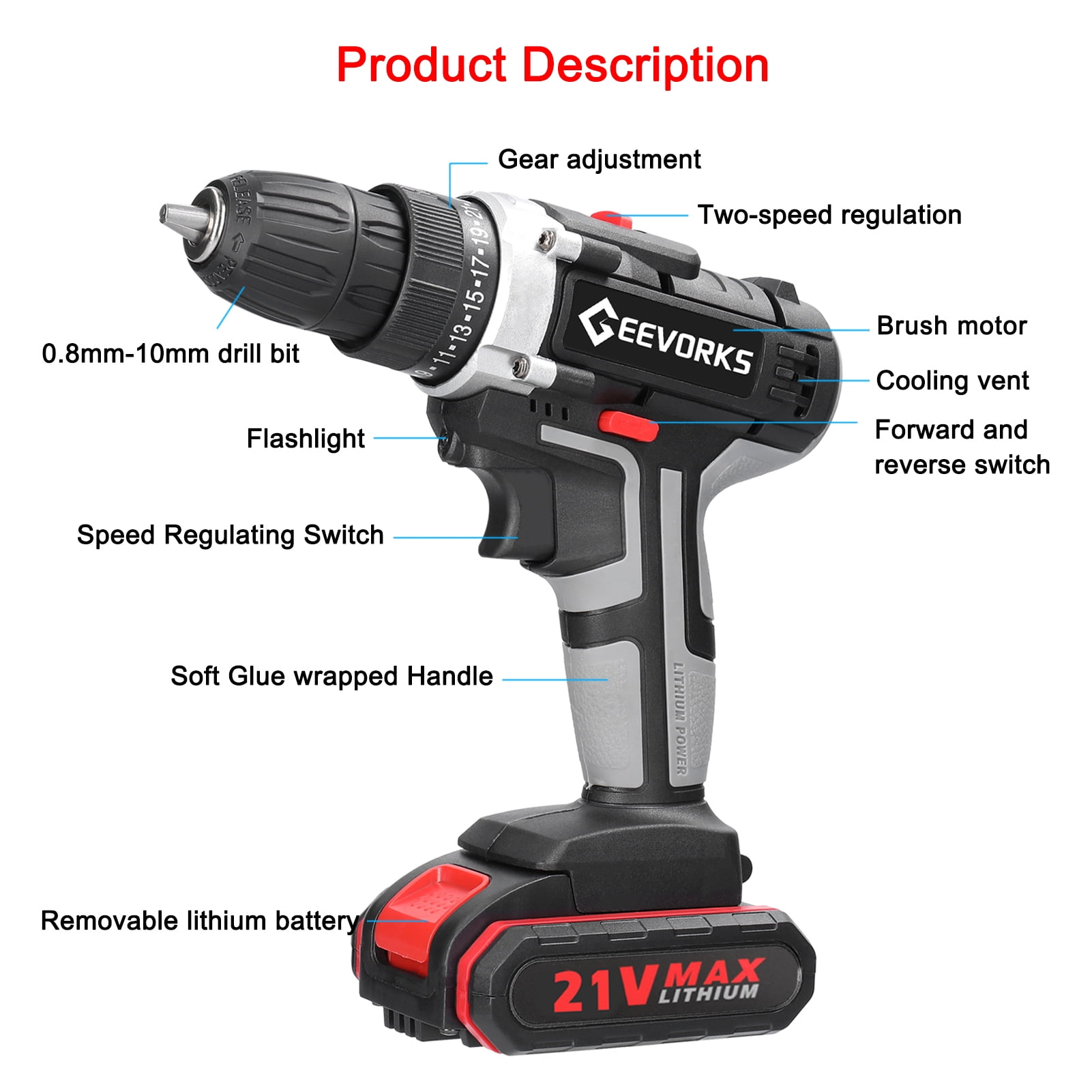 Electric drill,Drill Battery Drills Diy 21v Drill Diy Tools Hand Drills ...