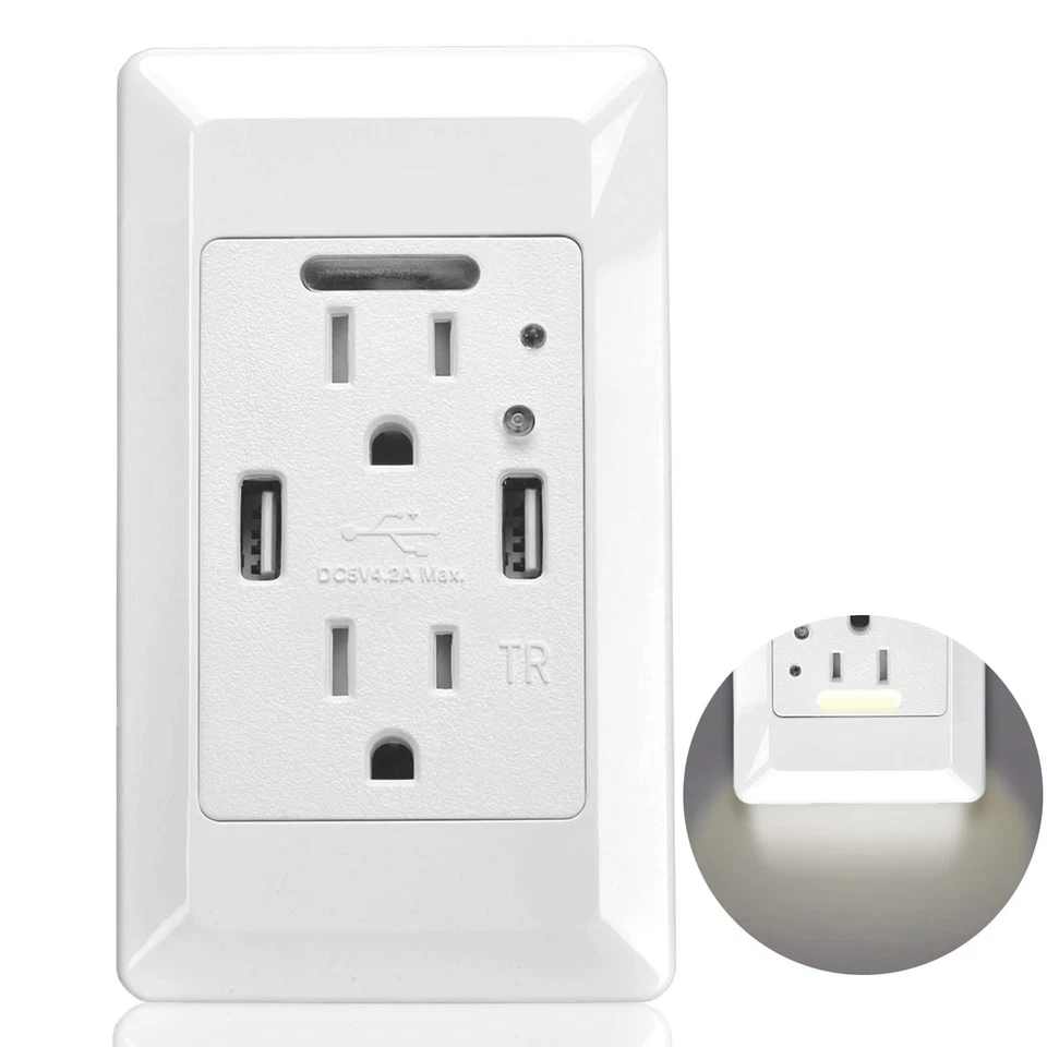 Electrical Dual USB Wall Outlet with LED Night Light Tamper Resistant ...