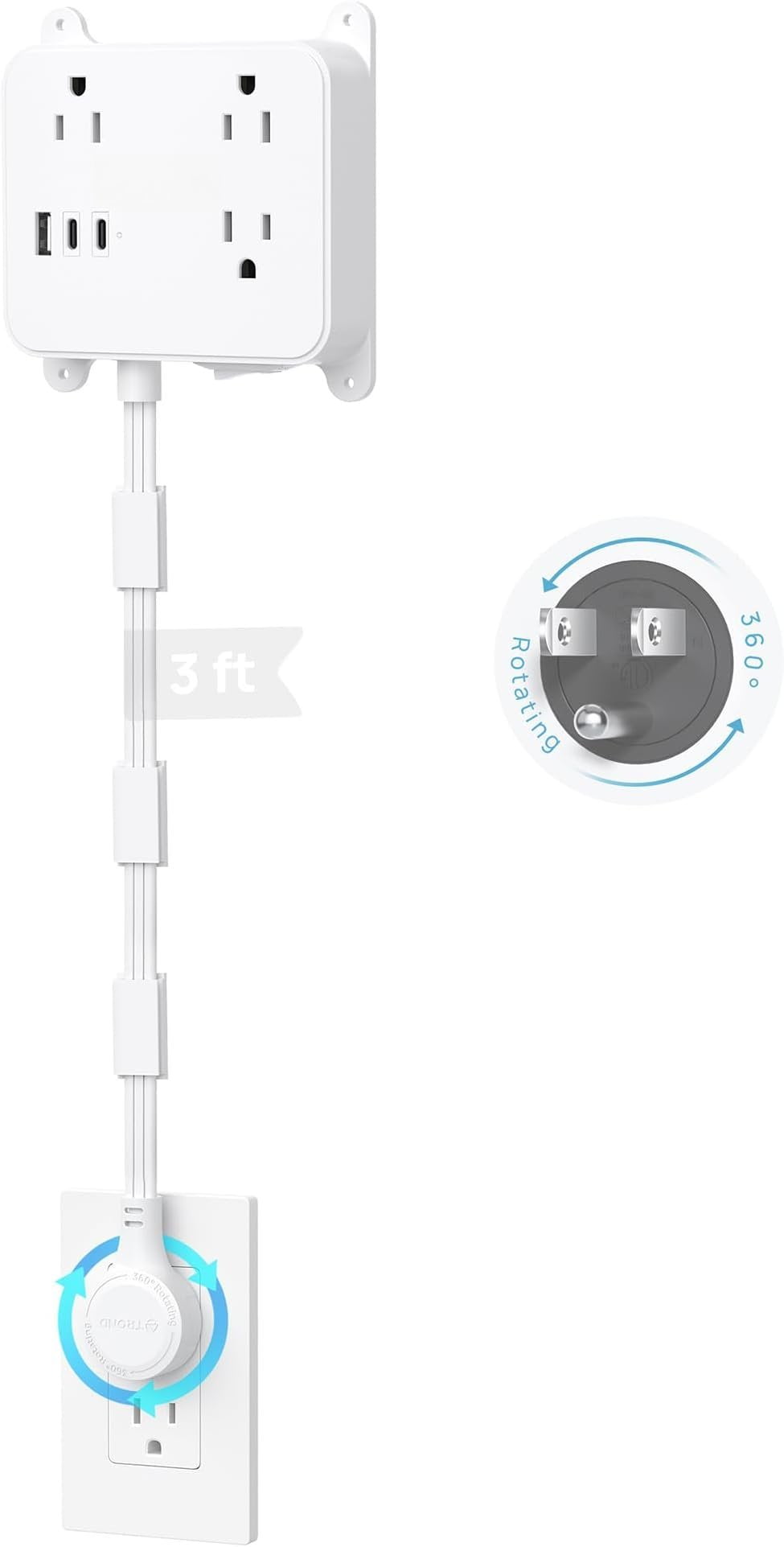 Electrical Outlet Extender with 360? Rotating Plug, 3FT Short Extension ...
