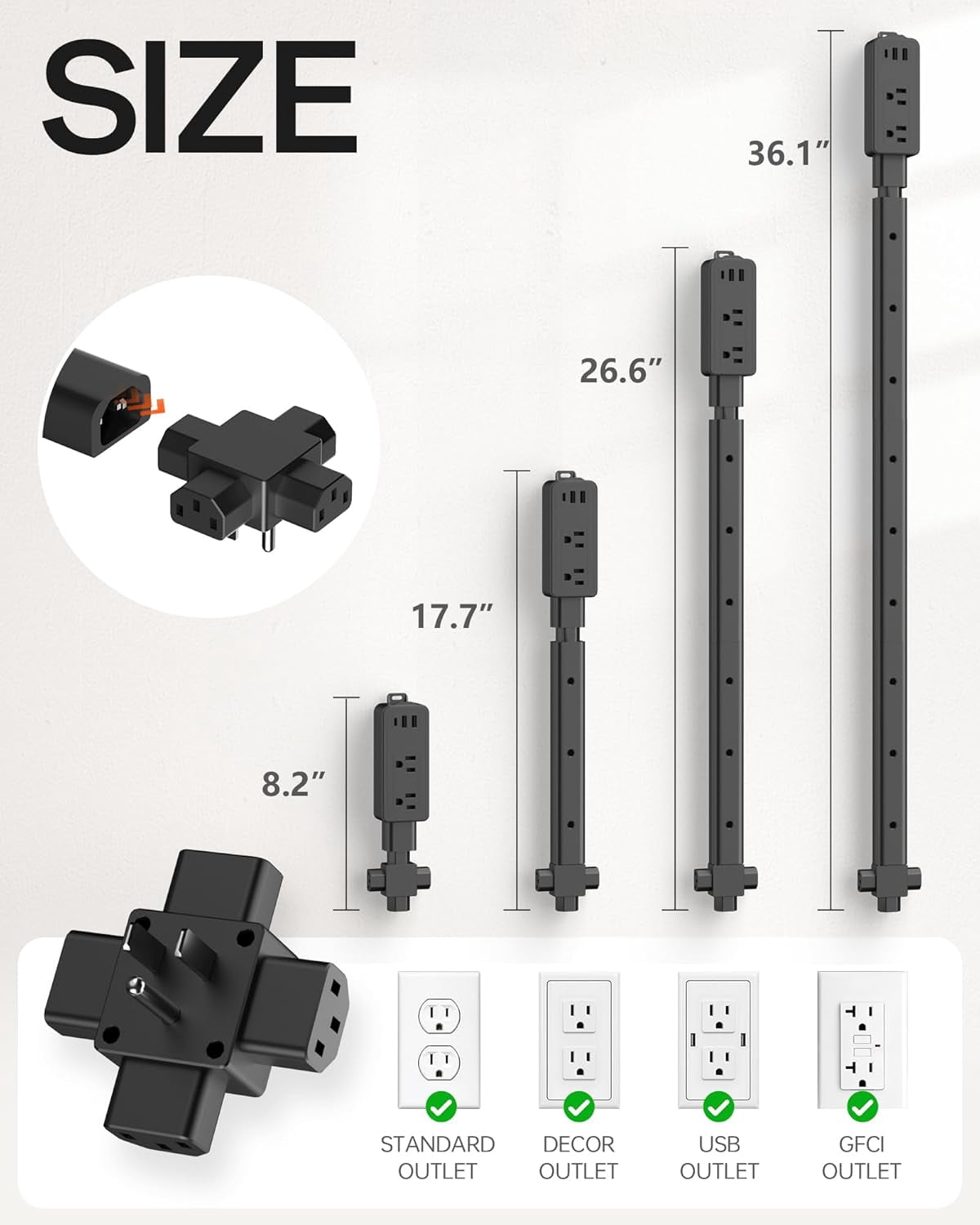 Electrical Outlet Extender Stick Black with 4-Way Flat Plug | Extends 8 ...