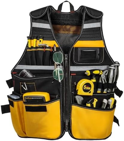 Electrician Tool Vest for Men, 22 Pockets, Reflective Work Vest with ...