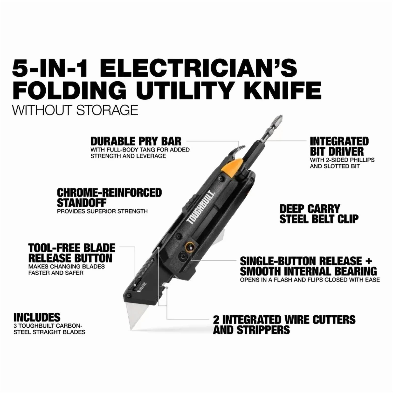 Electrician's Folding Utility Knife With Bit Driver Pry Bar Hand Tools ...
