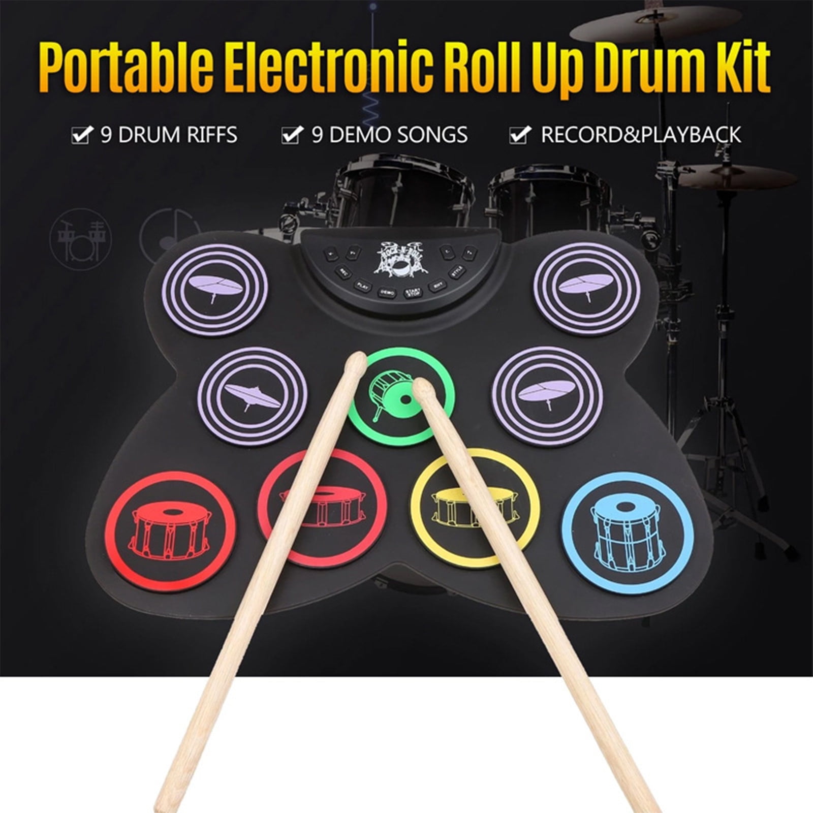 Electronic Drum Set Roll Up Practice Pad Kit - 9-Pad Foldable Portable ...