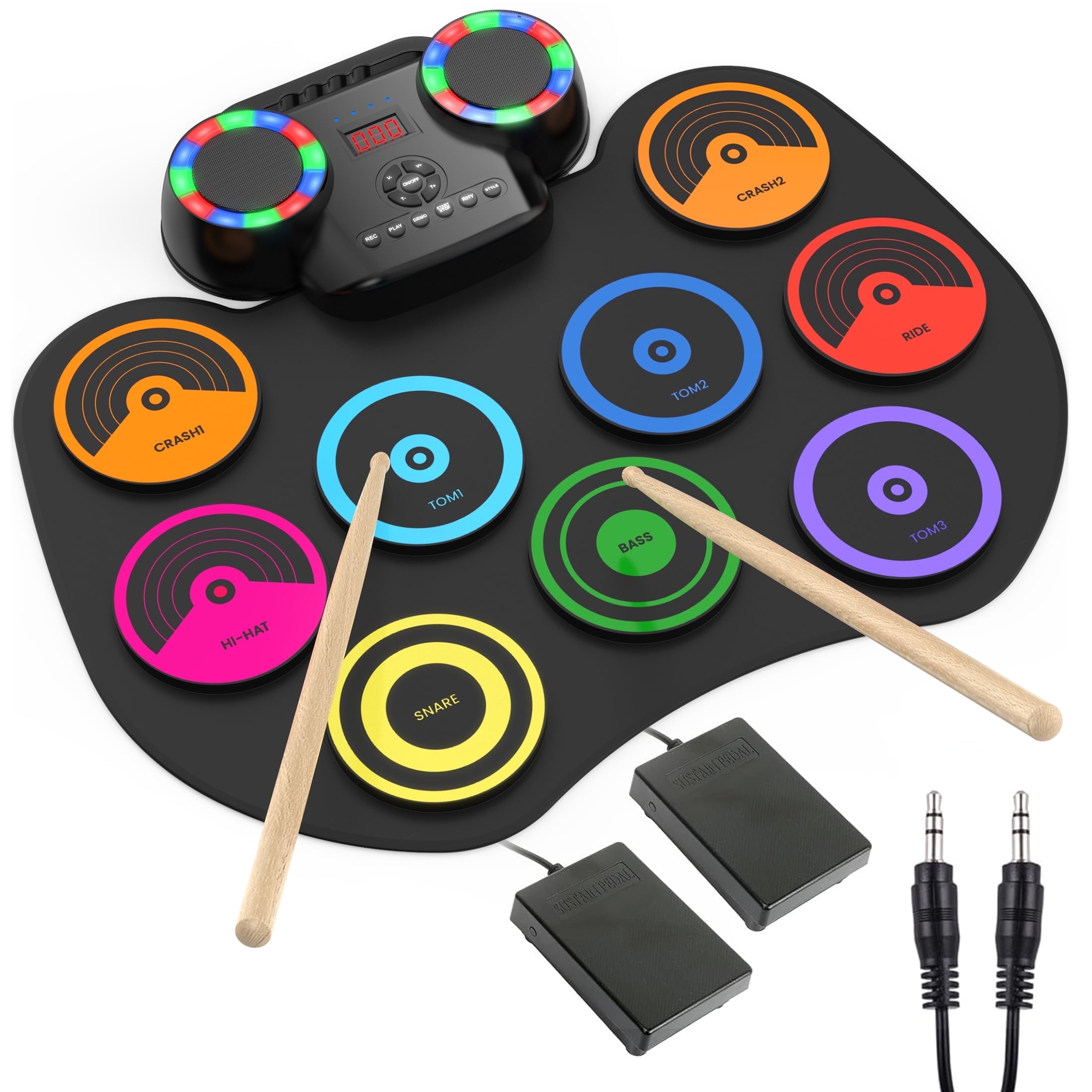 Electronic Drum Set for Kids, 9 Roll-up MIDI Drum Kit with 2 Speakers ...