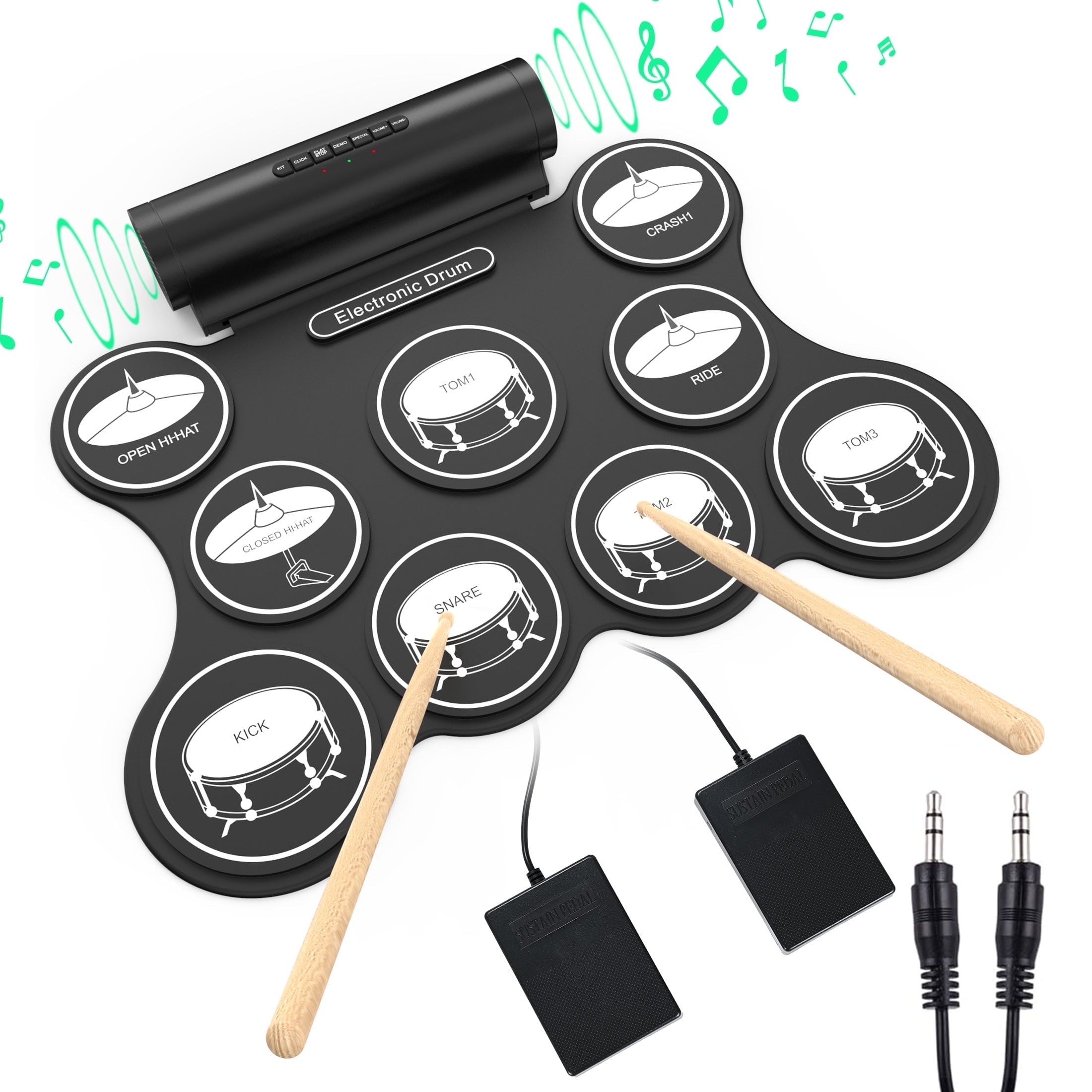Electronic Drum Set for Kids, 9 Roll-up MIDI Drum Kit with 2 Speakers ...