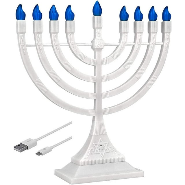 Zion Judaica LED Hanukkah Menorah - Flame Bulbs, USB/Battery Powered, 4 ...