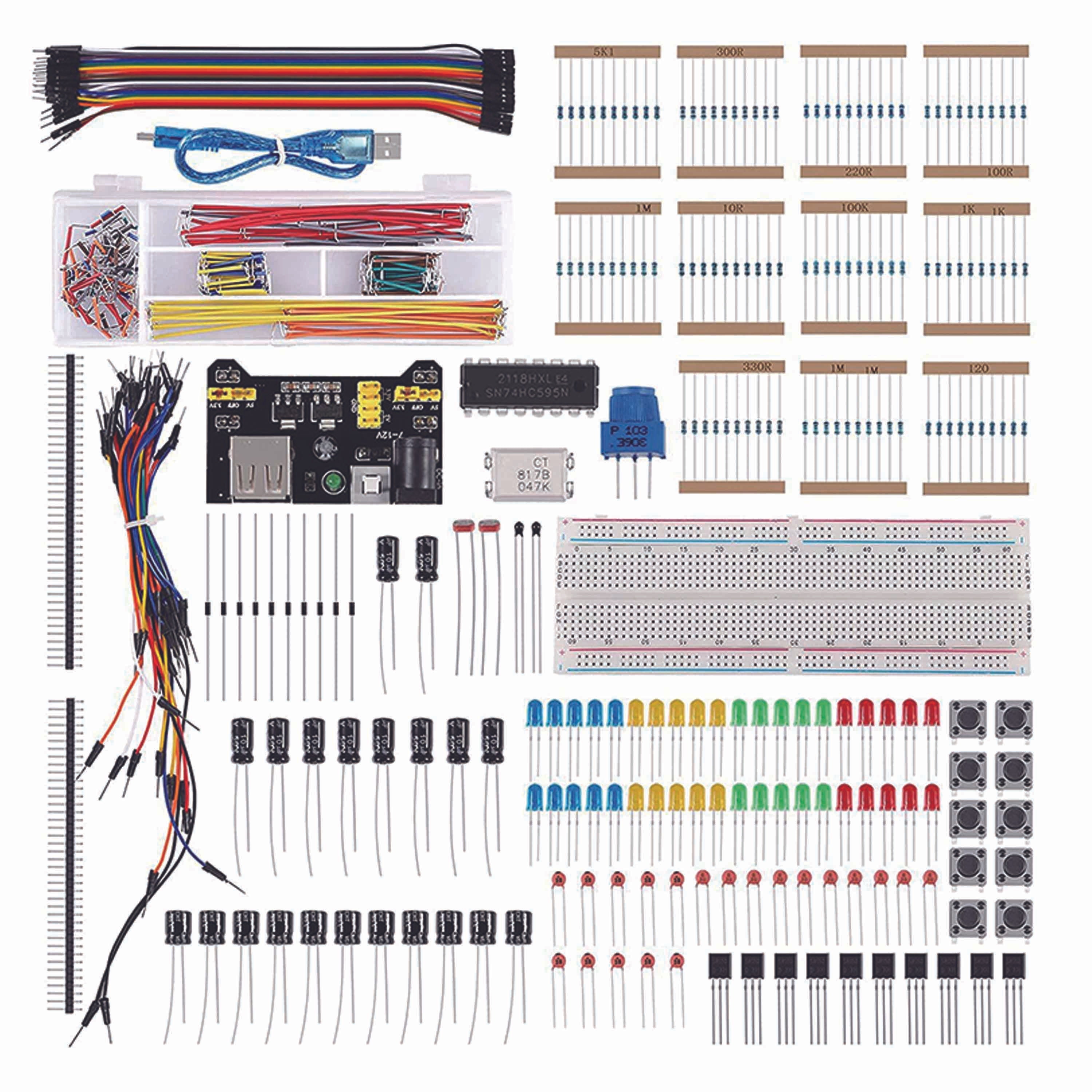 Electronic Starter Fun Kit Resistors LEDs Dupont Wires Buttons Basic Electronics Components ...